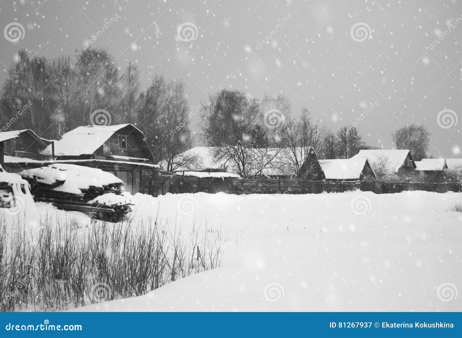 Snowing in Christmas Winter in the Village. Stock Image - Image of ...