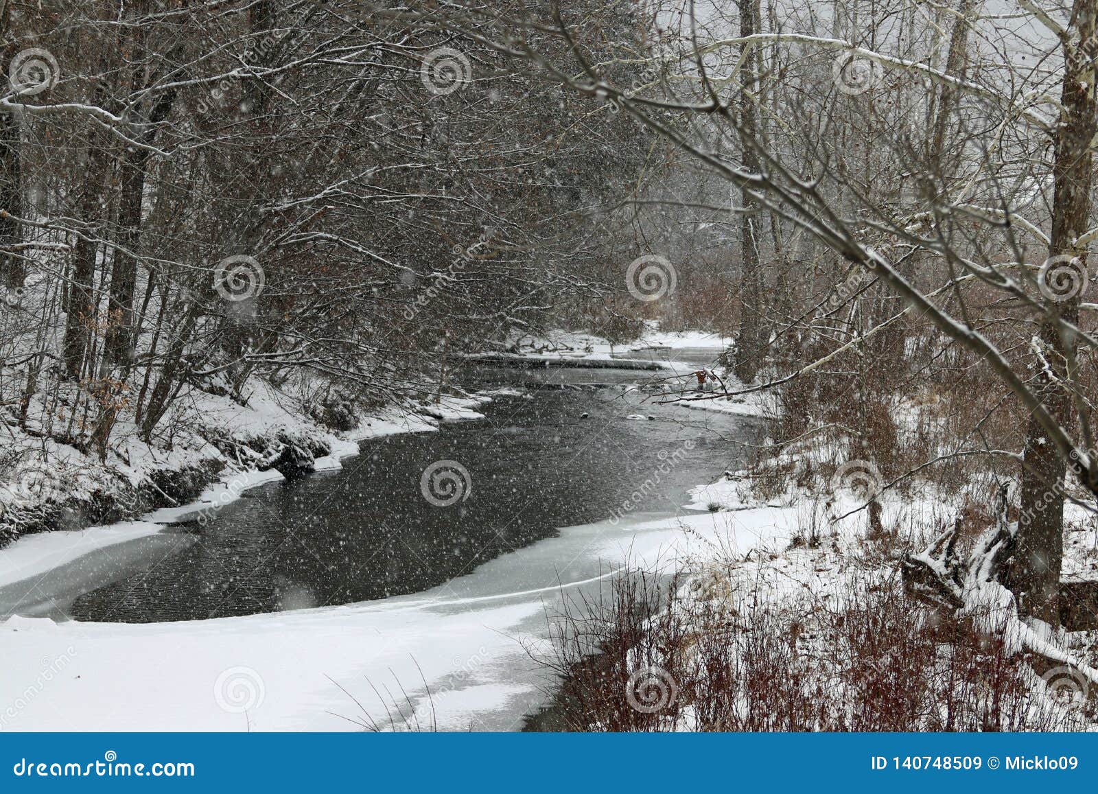 Snowing on the creek stock image. Image of creek, falling - 140748509