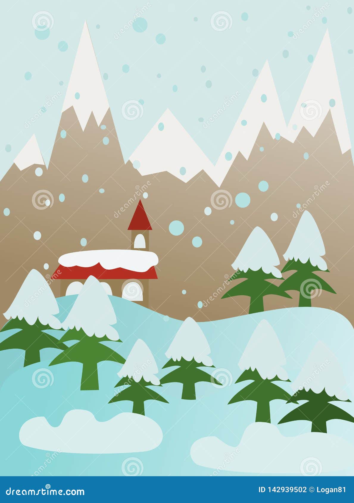 Snowing on mountain town stock vector. Illustration of drawing - 142939502