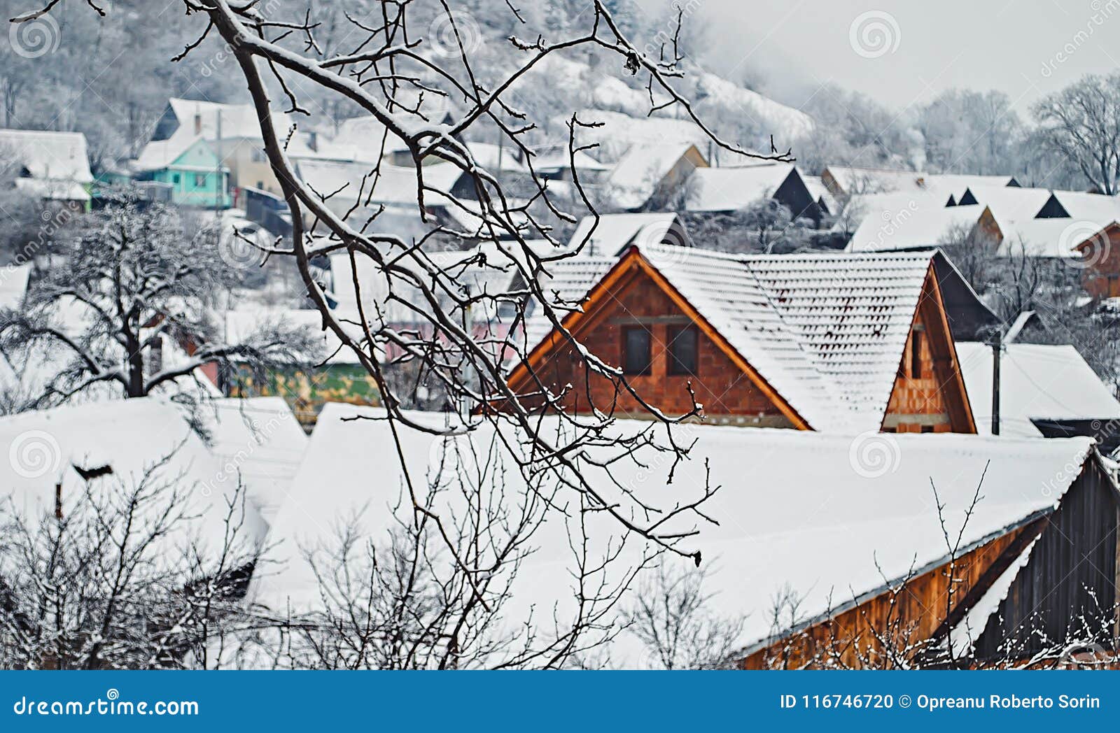 Snowing over the village stock photo. Image of land - 116746720