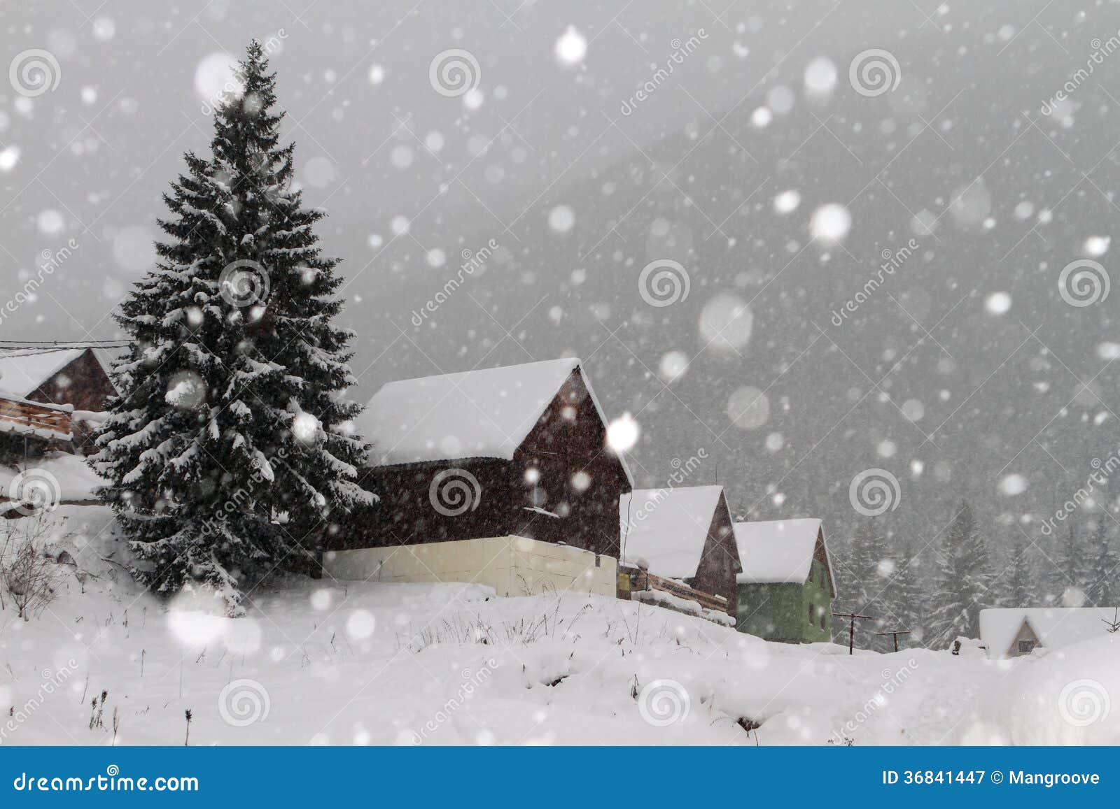 Snowing in winter stock image. Image of village, mountain - 36841447