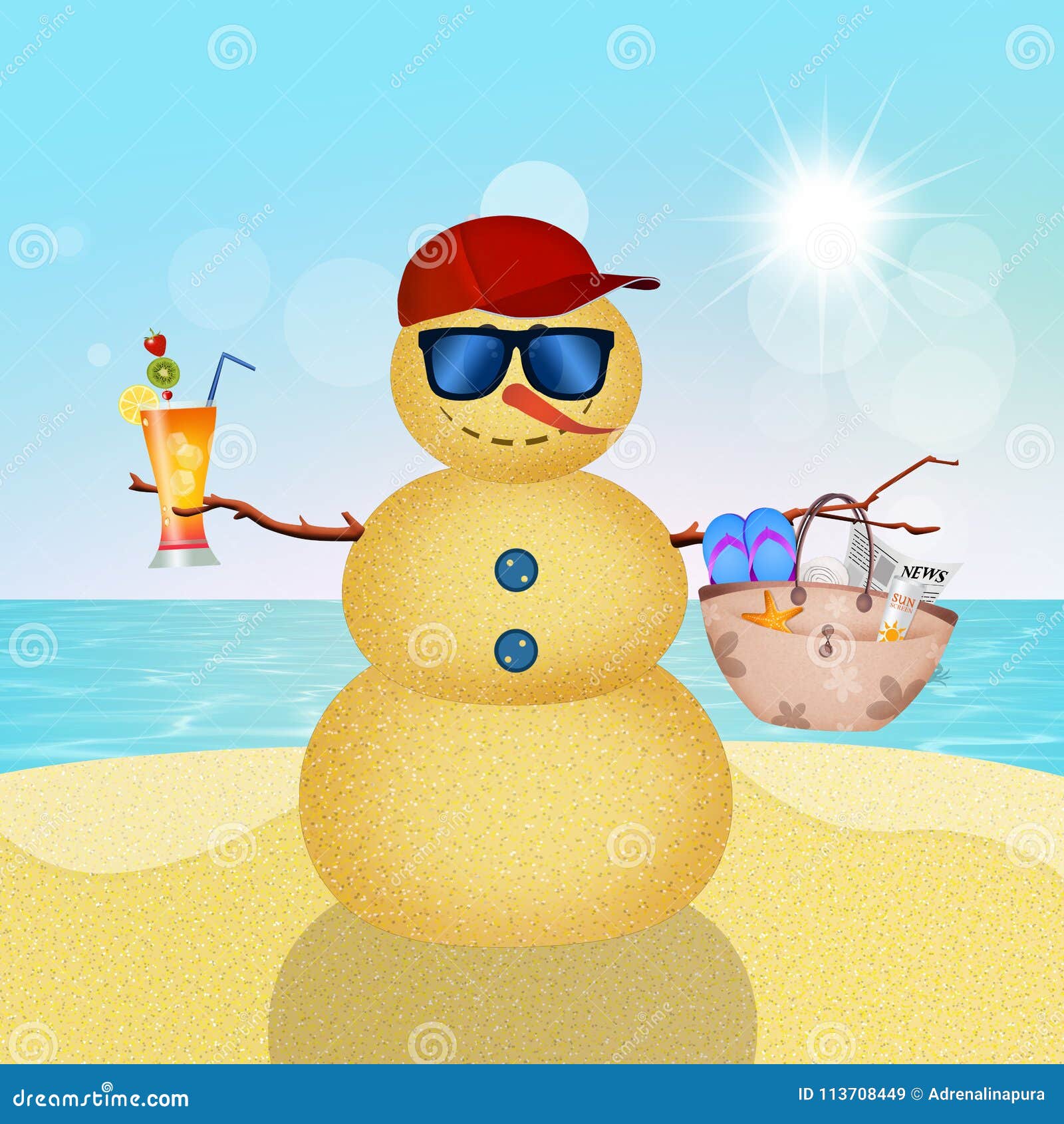 Snowman on the beach stock illustration. Illustration of sand - 113708449