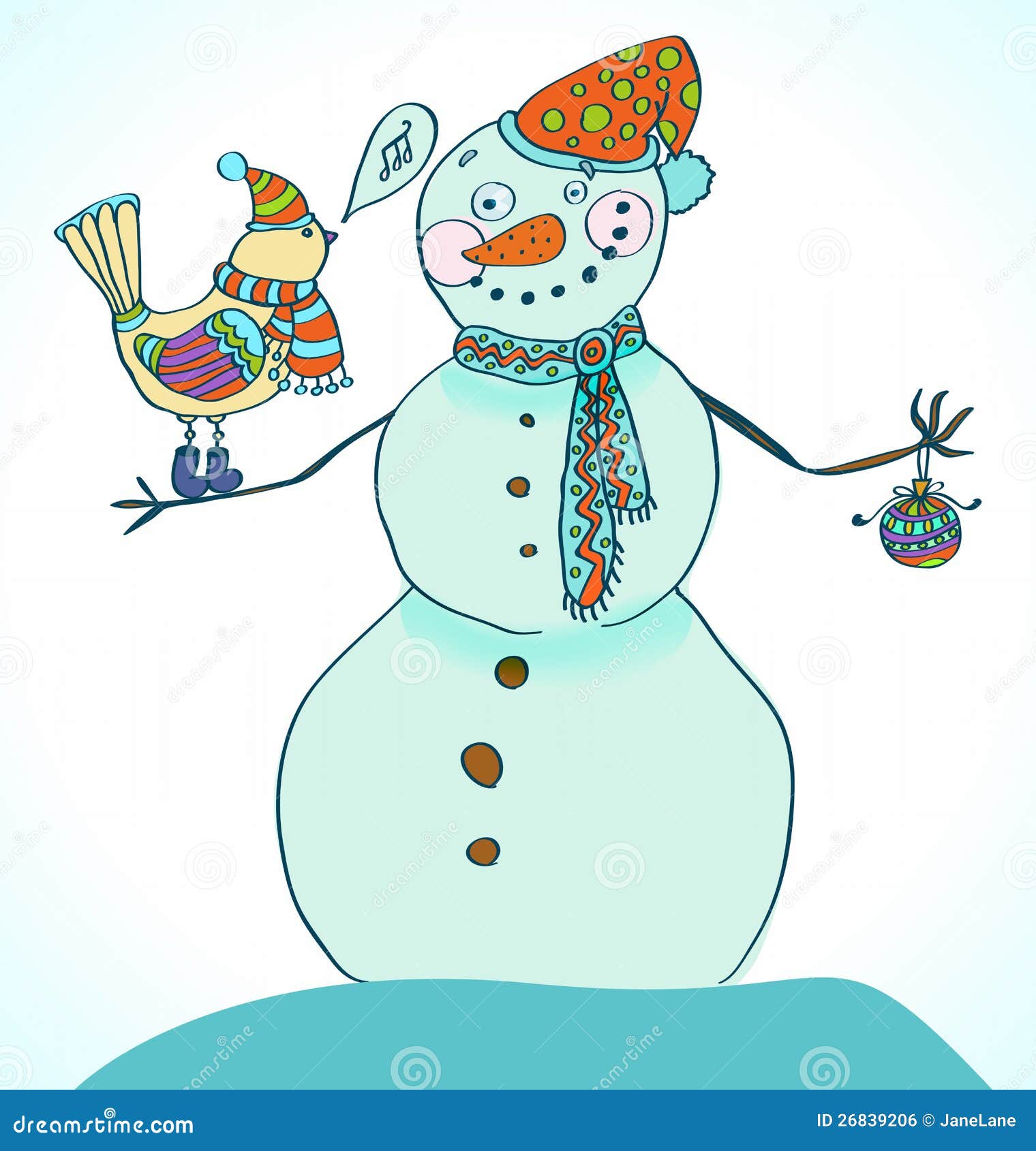 Snowman with Bird, Cute Backcground Stock Illustration - Illustration ...