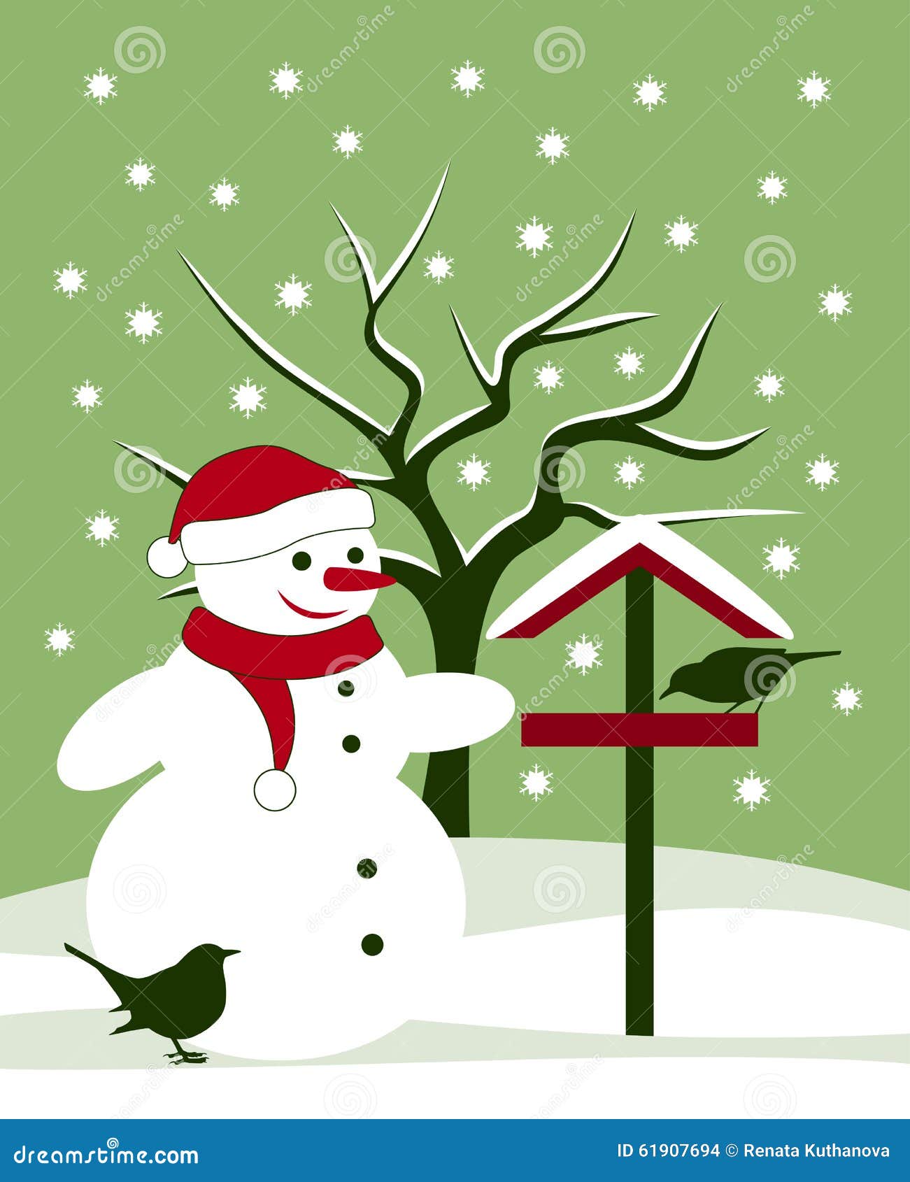 Snowman and birds stock vector. Illustration of wooden - 61907694