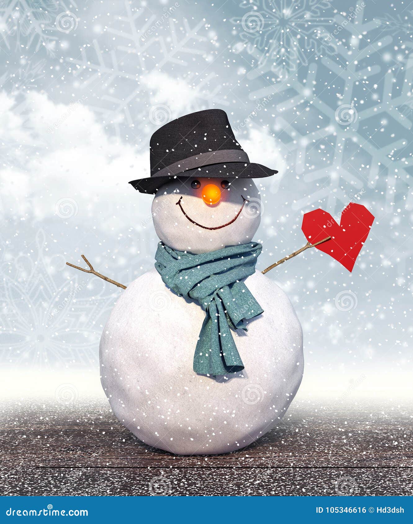 Snowman with Black Hat Holding Paper Heart Stock Illustration ...