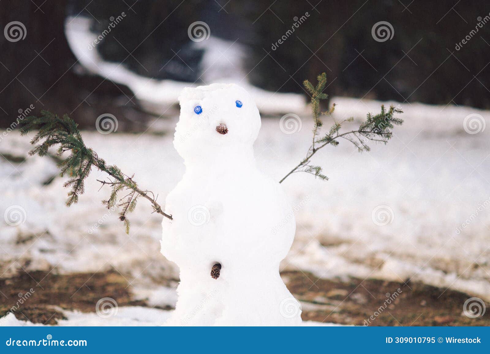 Snowman with Blue Eyes Standing in Snow by Trees Stock Image - Image of ...