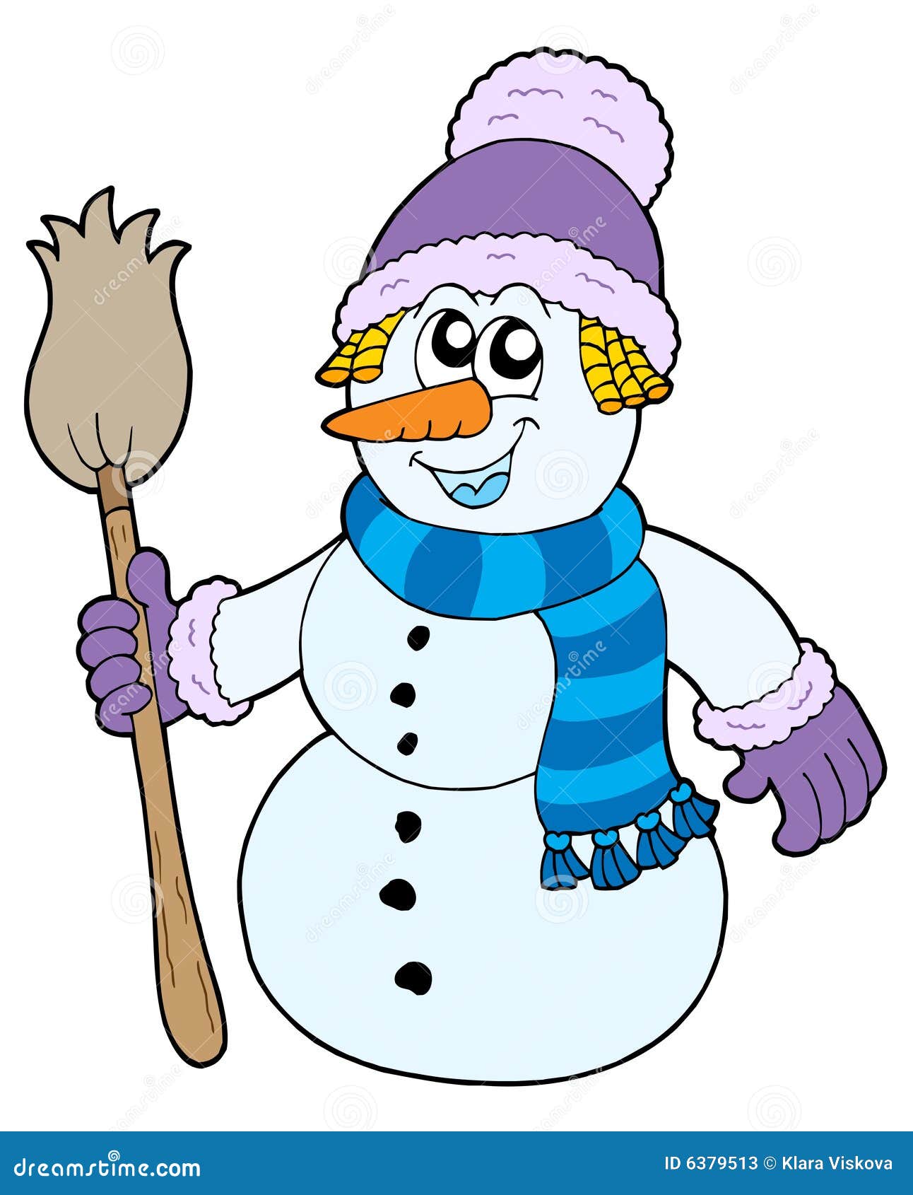 Snowman With Broom Vector Color Cartoon Flat Illustration On Blue ...