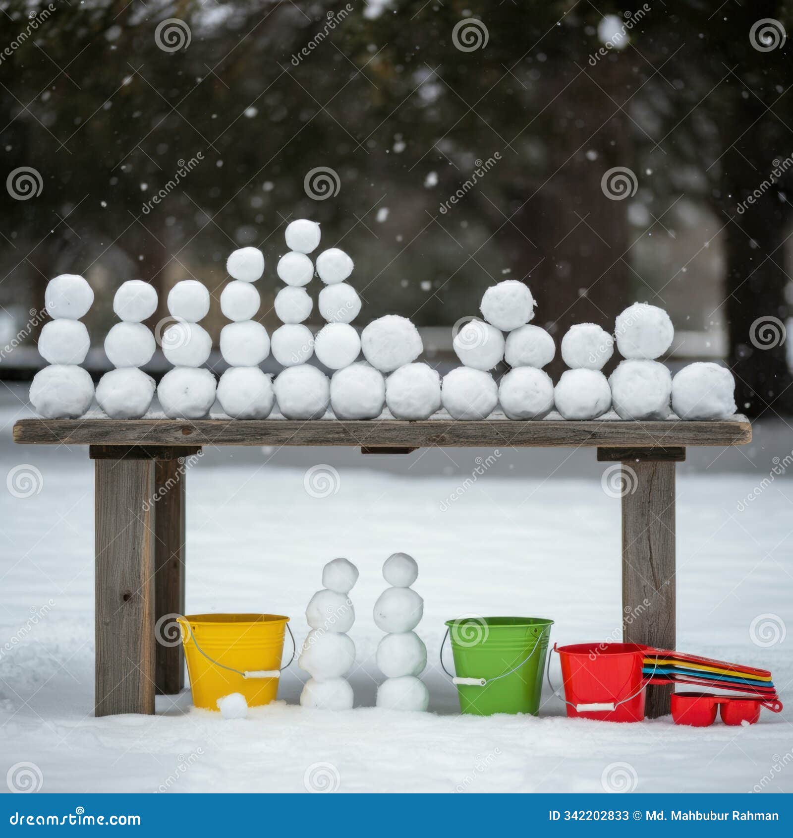 Snowman Building Fun with Buckets and Snowballs. AI-Generated Stock ...