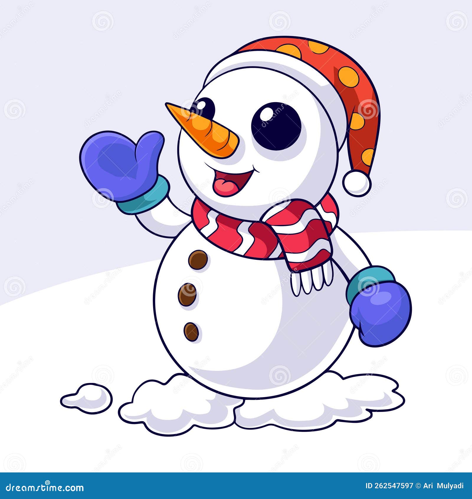Snowman Cartoon is Happy and Waving in the Snowfall Stock Vector ...