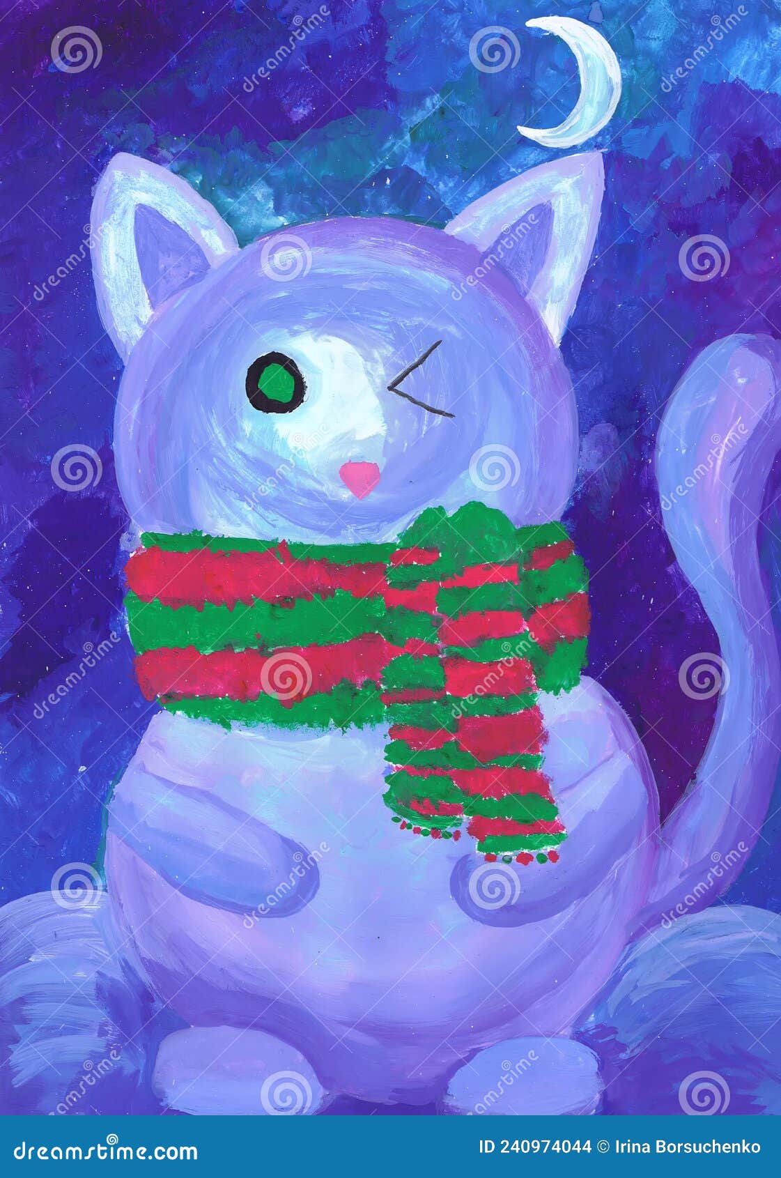 Snowman Cat with Scarf. Children`s Drawing Stock Photo - Image of snow ...