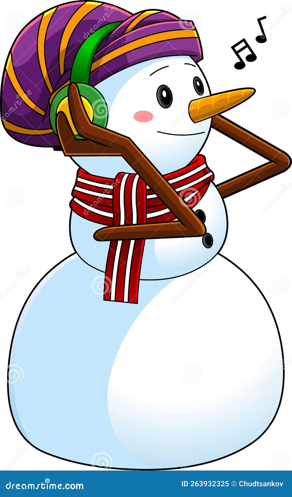 Snowman Cartoon Character with Headphones Listening To Music Stock ...