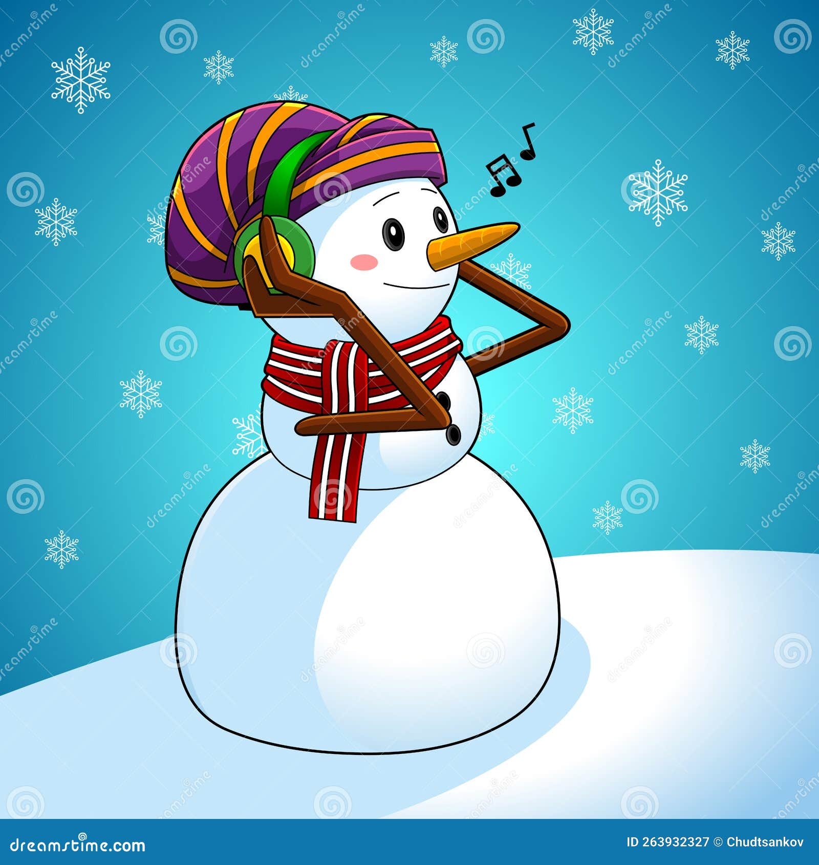 Snowman Cartoon Character with Headphones Listening To Music Stock ...
