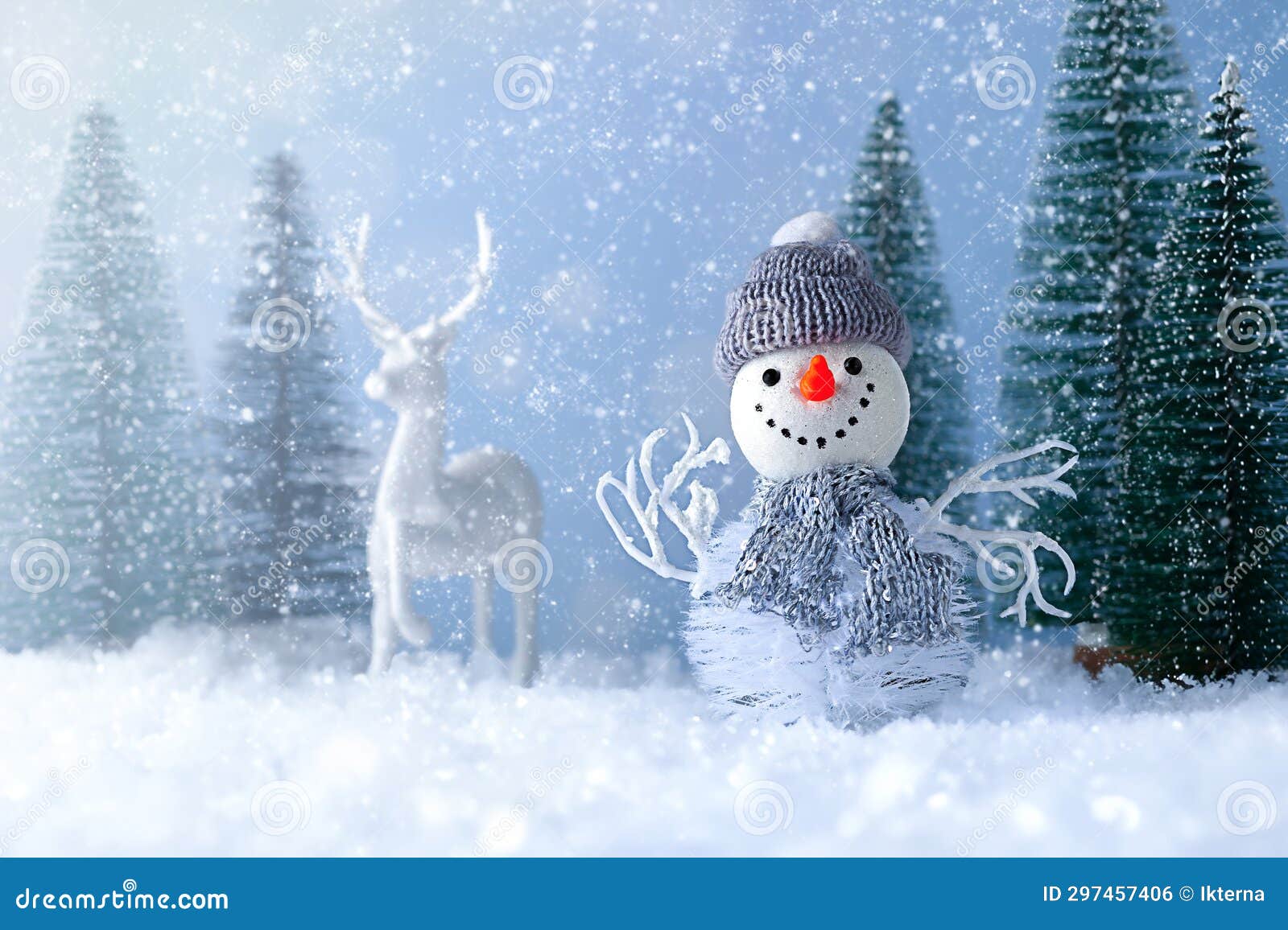 Snowman with a Deer on a Background of Christmas Trees in Winter ...