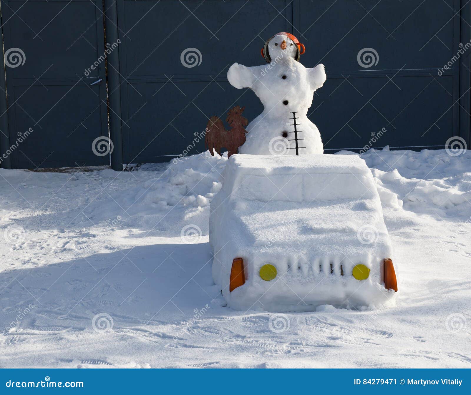 The Snowman Drives the Car in a Year of a Rooster Stock Image - Image ...