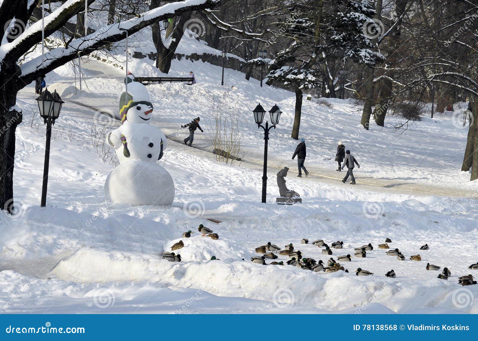 Snowman and Driving of Children in the Park Stock Illustration ...