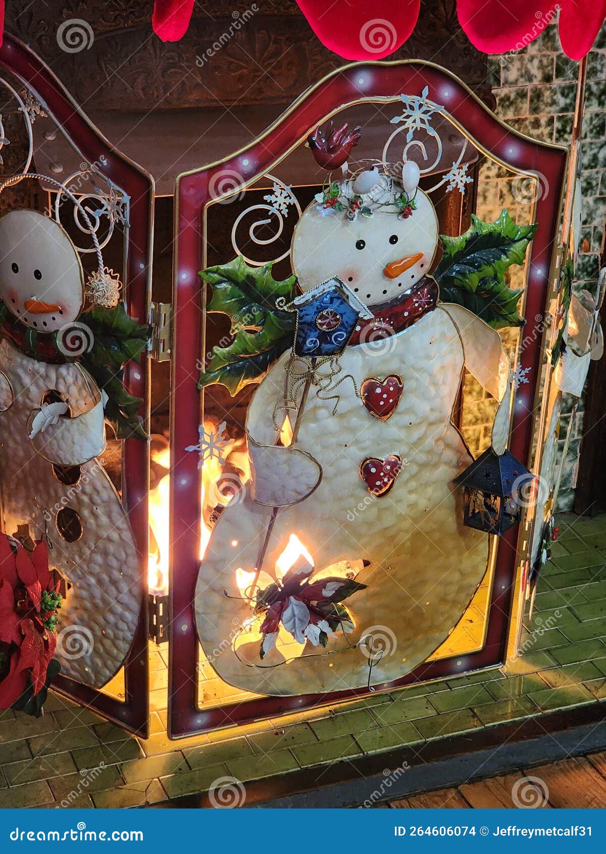 Snowman by fireplace stock photo. Image of christmas - 264606074