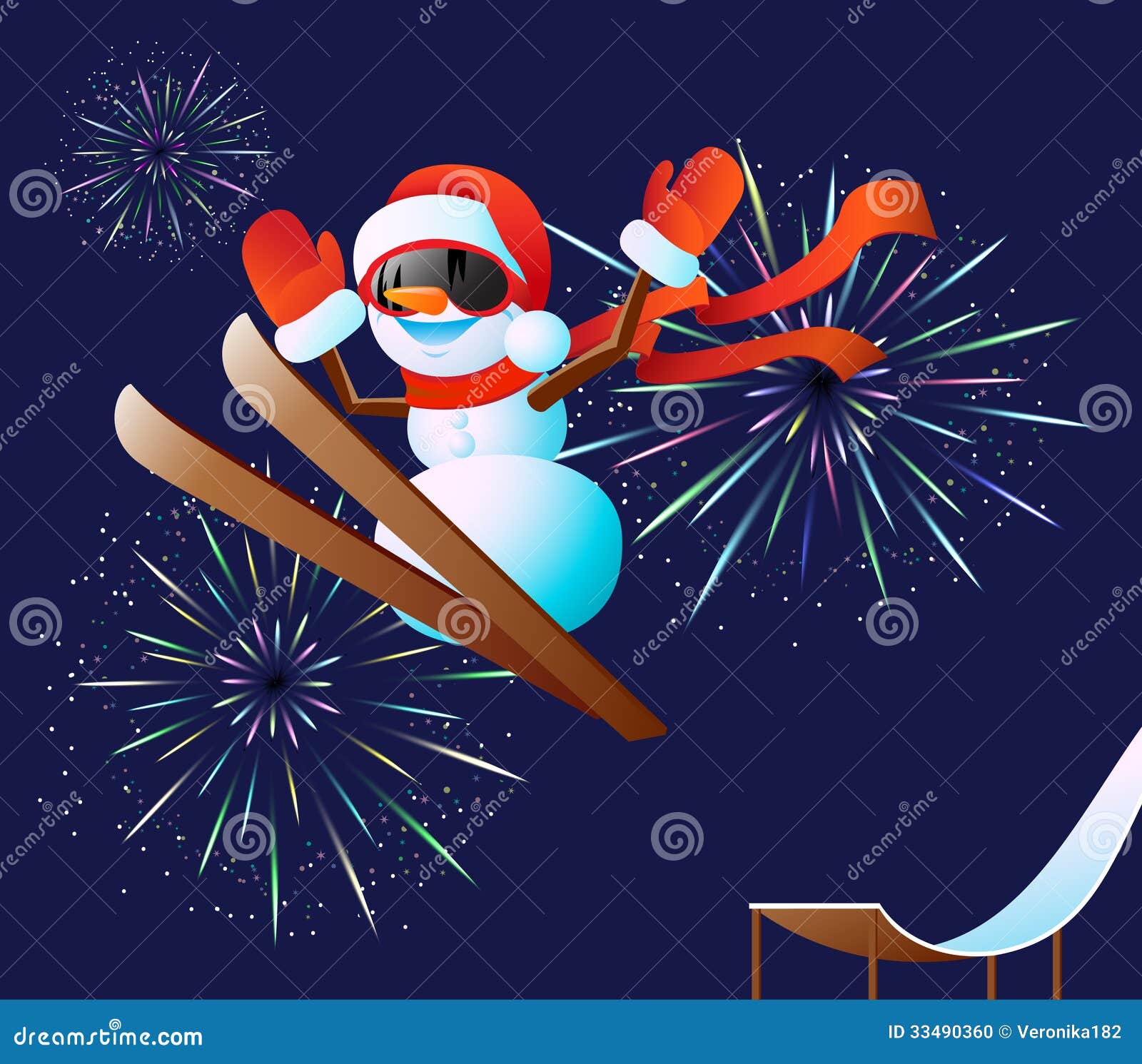 Snowman and fireworks stock vector. Illustration of alpine - 33490360