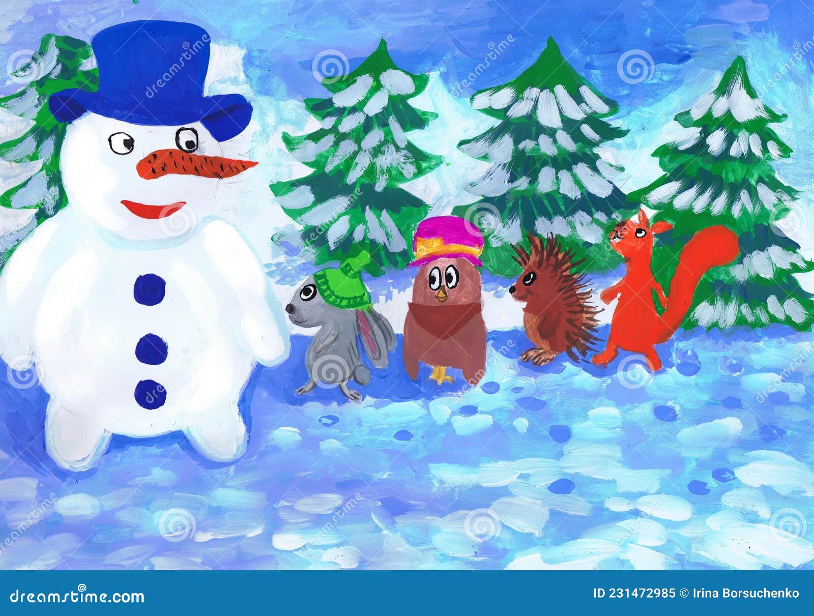 Snowman and Forest Animals in Winter. Children`s Drawing Stock Image ...