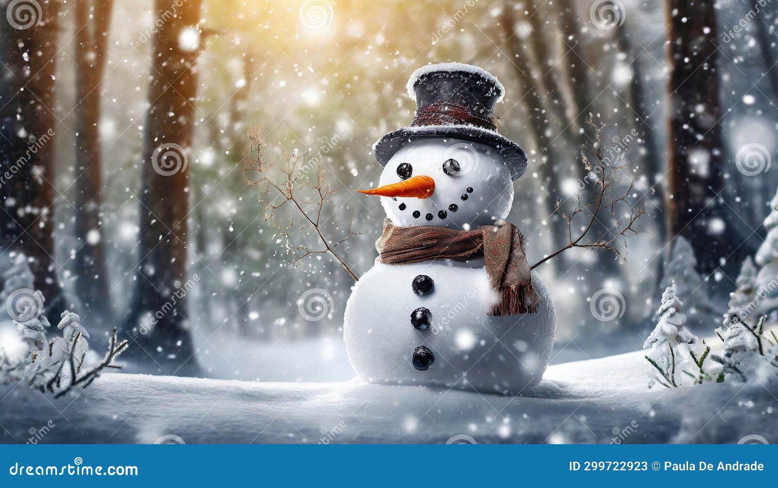 Snowman in the Forest with Falling Snow Stock Illustration ...