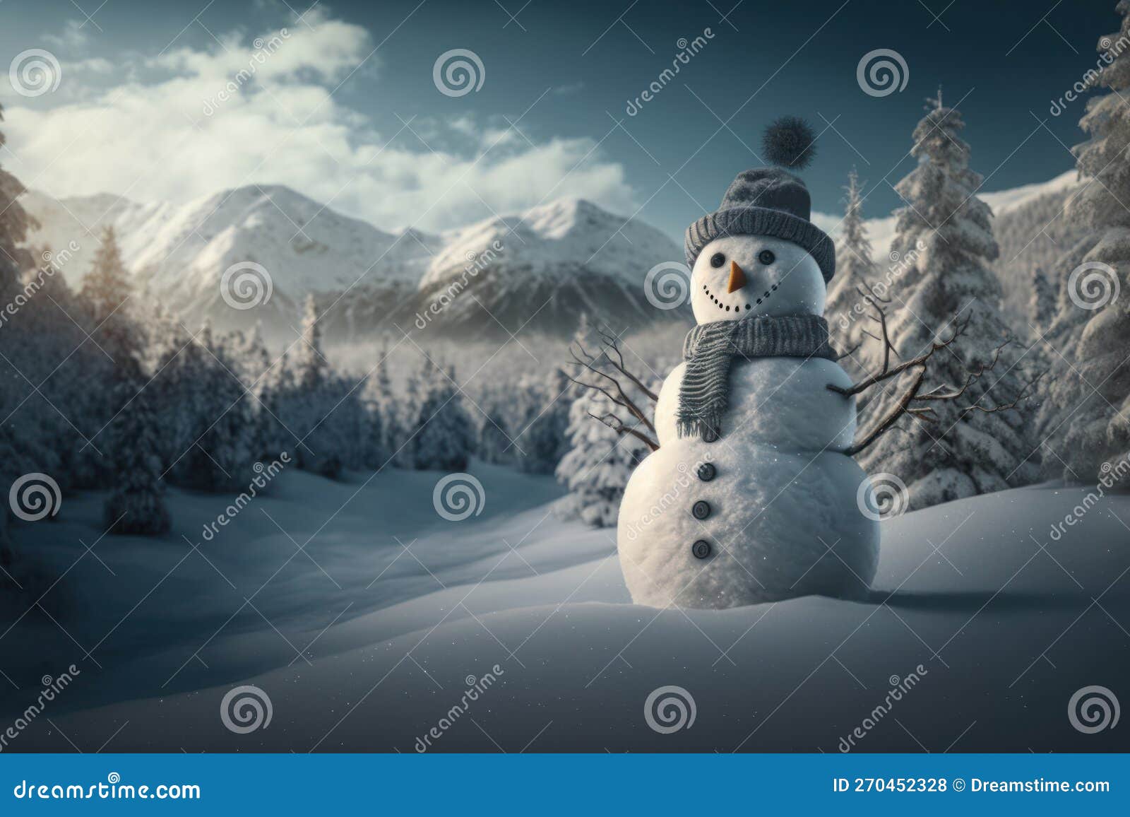 Snowman Forest and Mountain Background. Christmas Concept. Generative ...