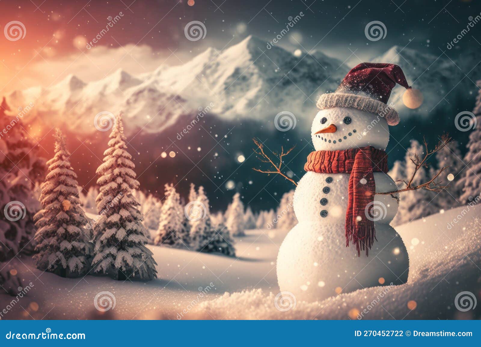 Snowman Forest and Mountain Background. Christmas Concept. Generative ...