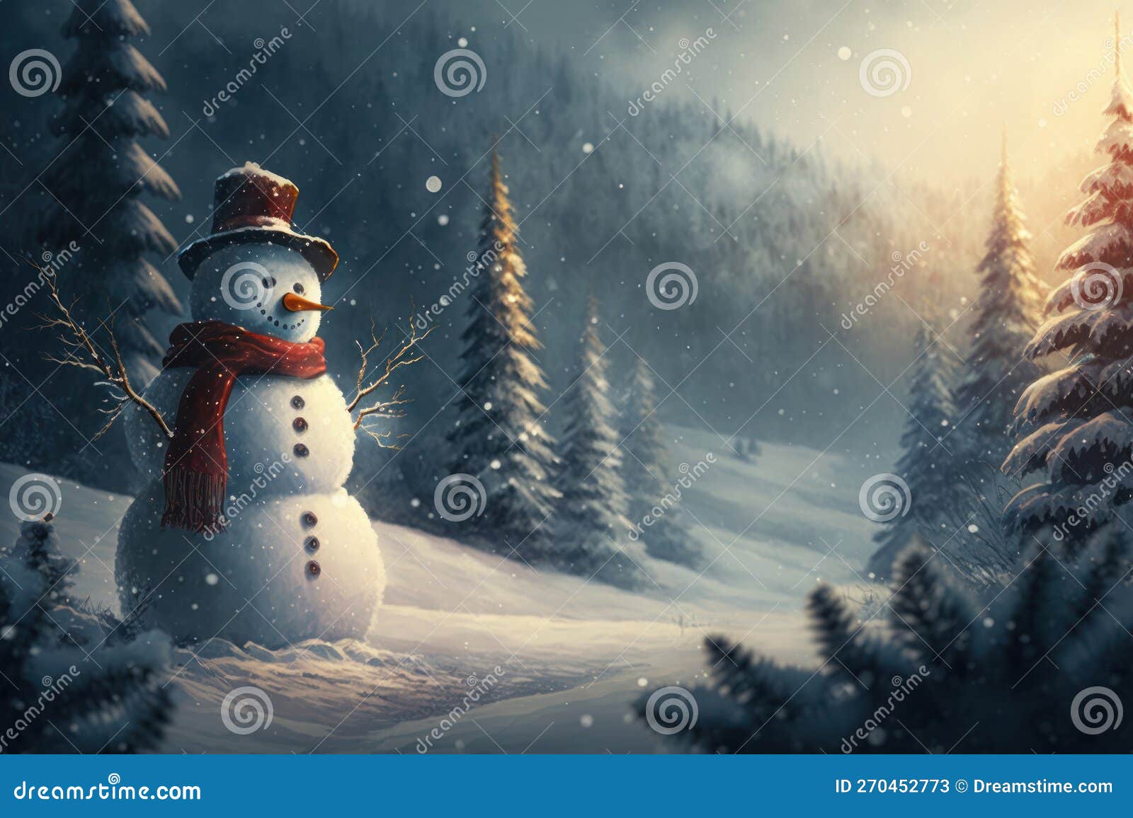 Snowman Forest and Mountain Background. Christmas Concept. Generative ...