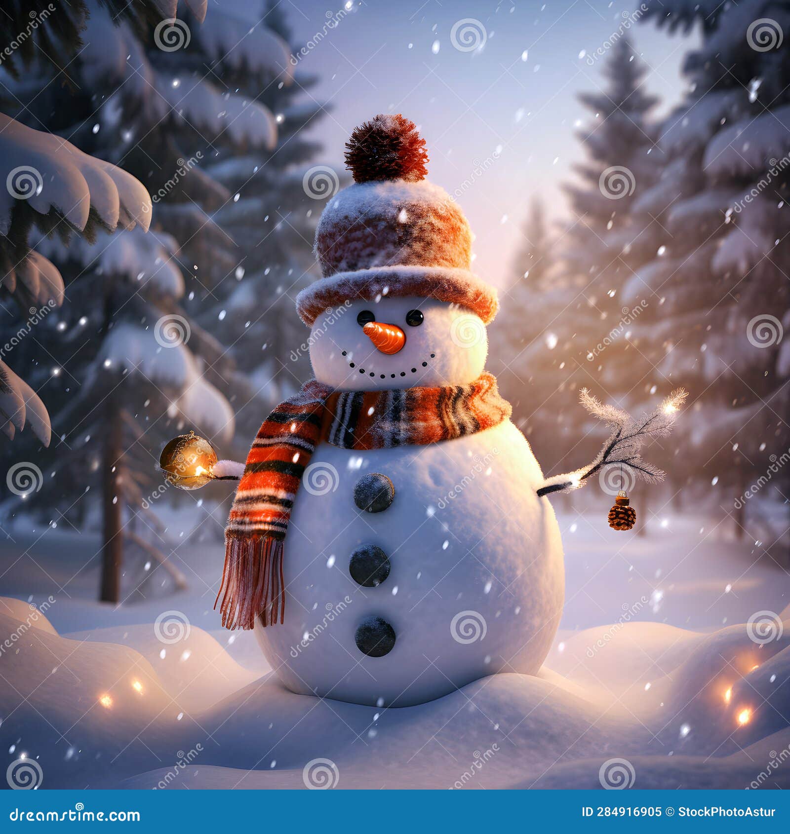 Snowman in the Forest at Sunset Stock Illustration - Illustration of ...