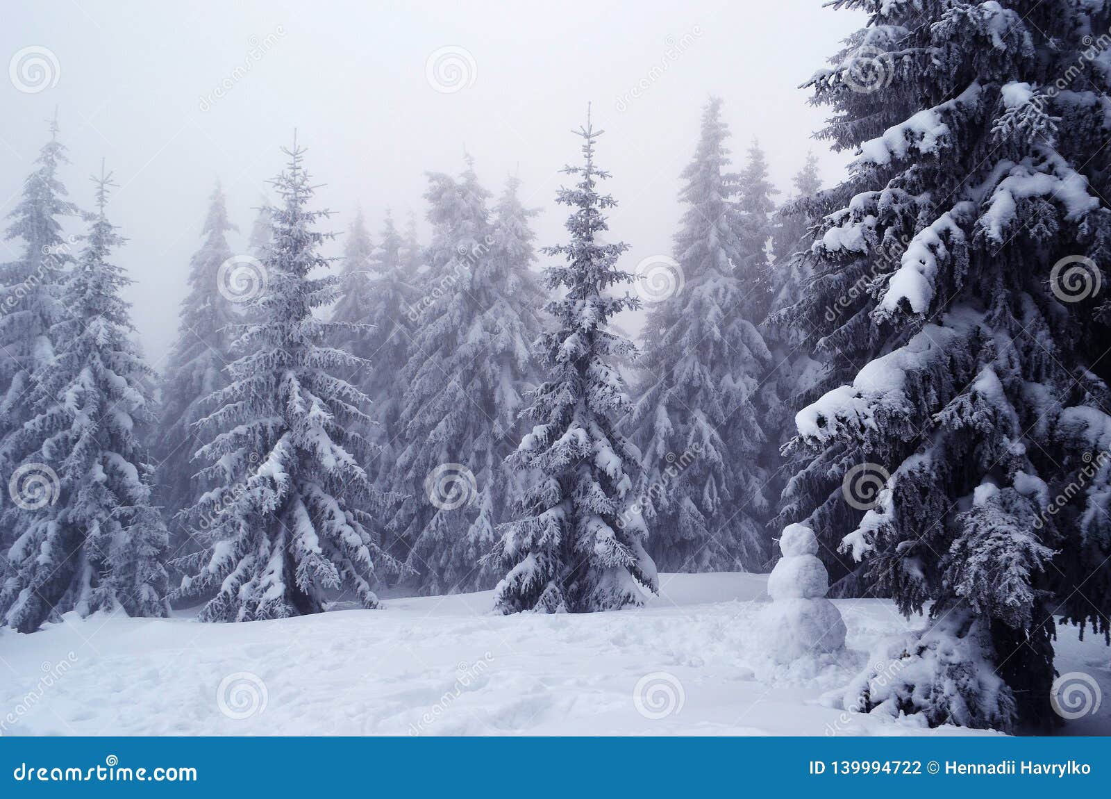 Snowman in the Forest among the Trees in the Snow Stock Photo - Image ...