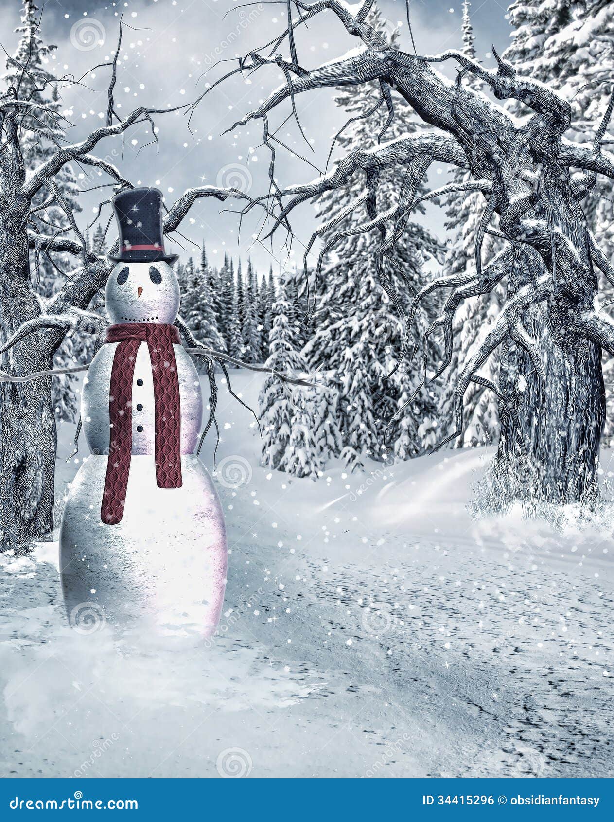 Snowman in the forest stock illustration. Illustration of snowman ...
