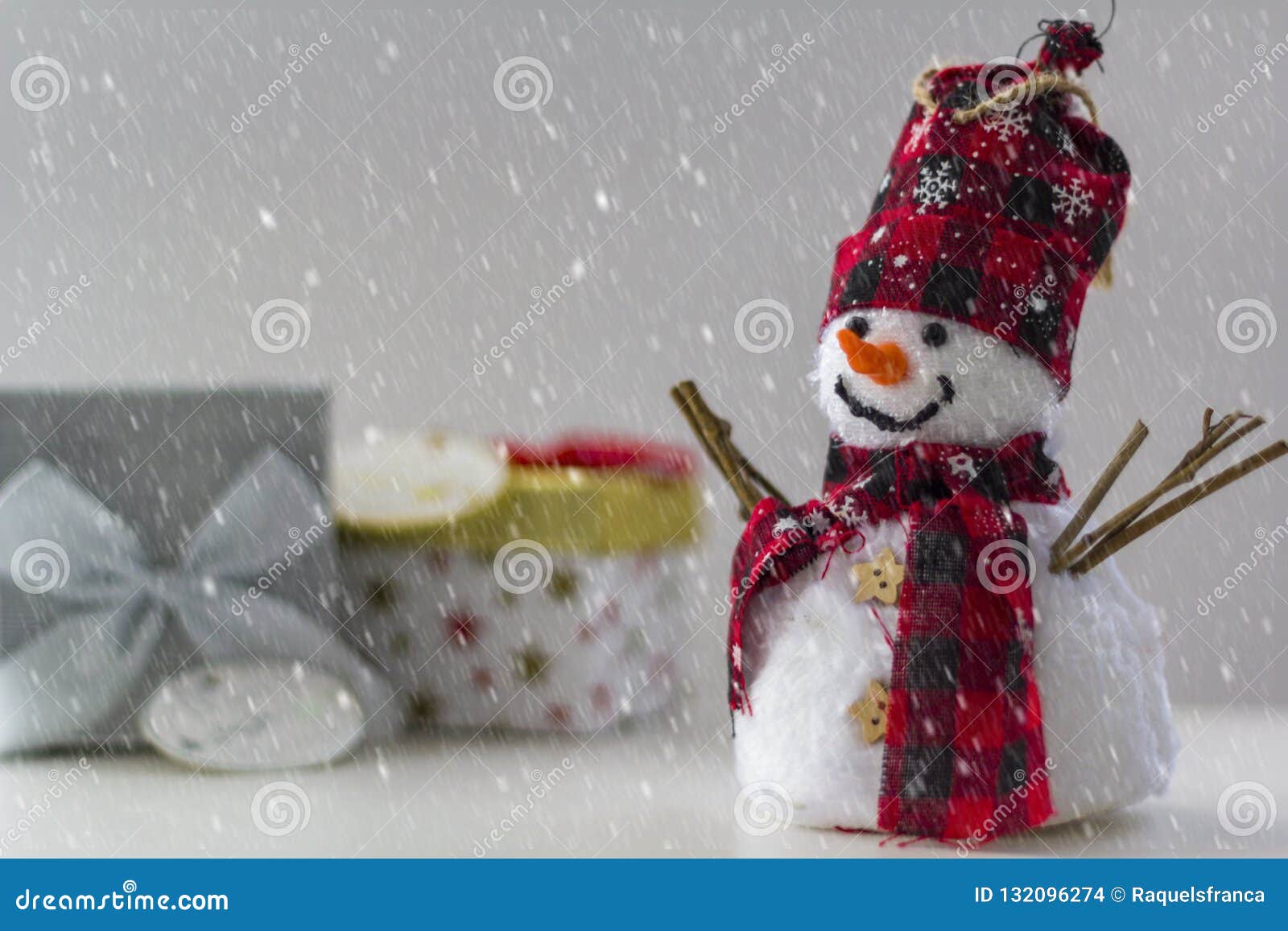 Snowman with Gift Boxes on the Background and Snow Stock Photo - Image ...