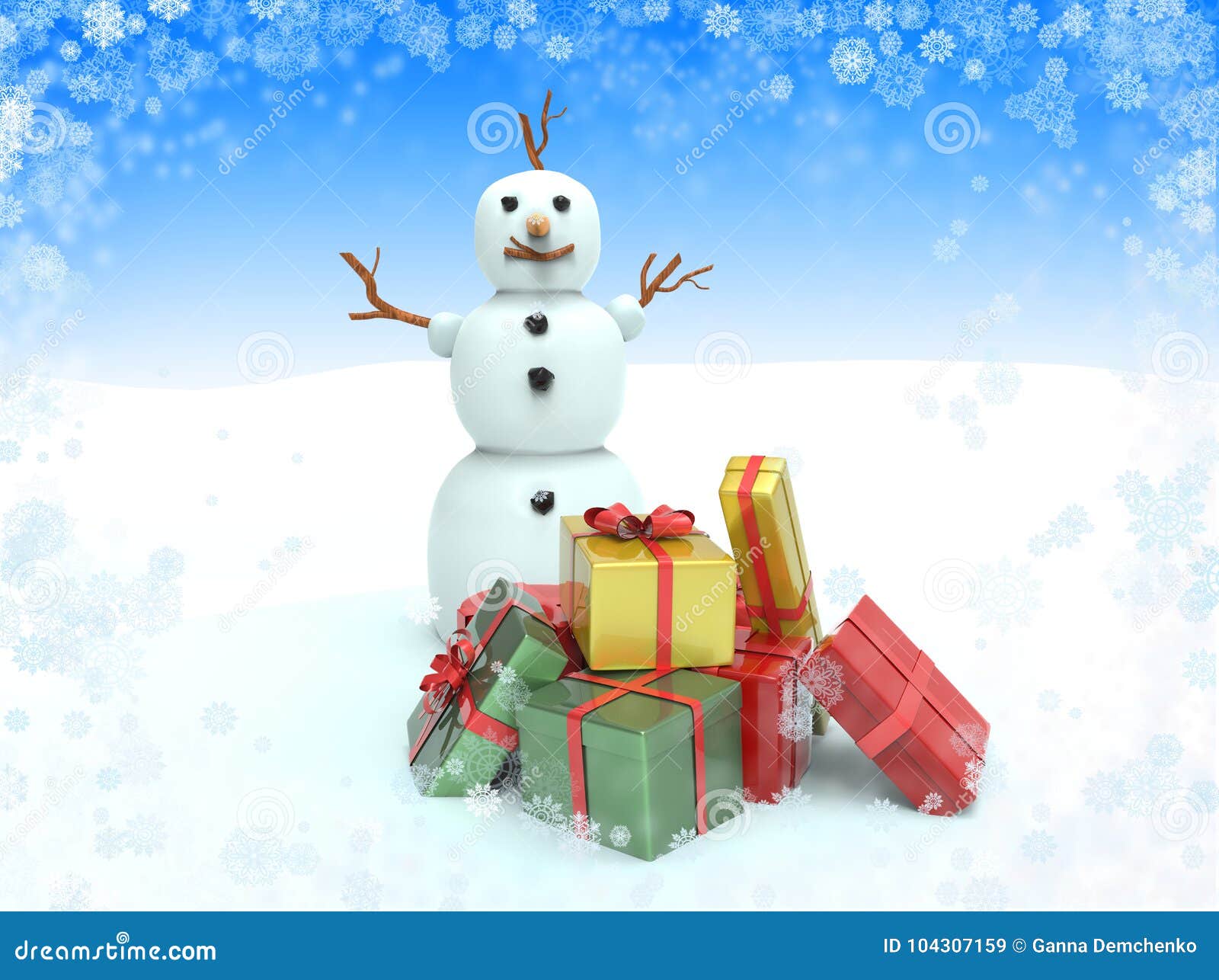 Snowman with gift boxes. stock illustration. Illustration of decorative ...