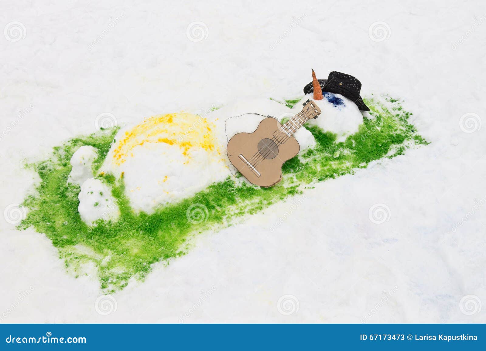 Snowman with a Guitar Lying Sunbathing Stock Image - Image of copy ...