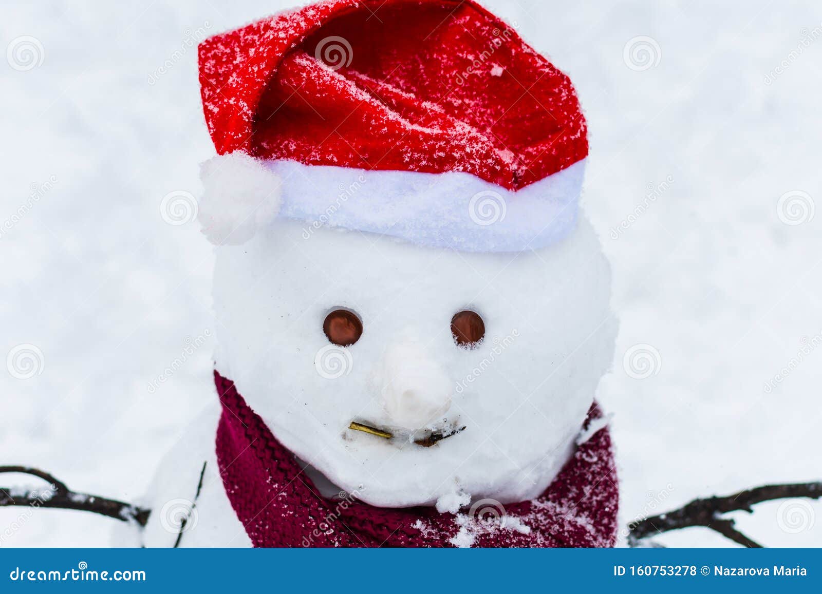 Snowman in Hat and Scarf Closeup in Outdoors Stock Photo - Image of ...