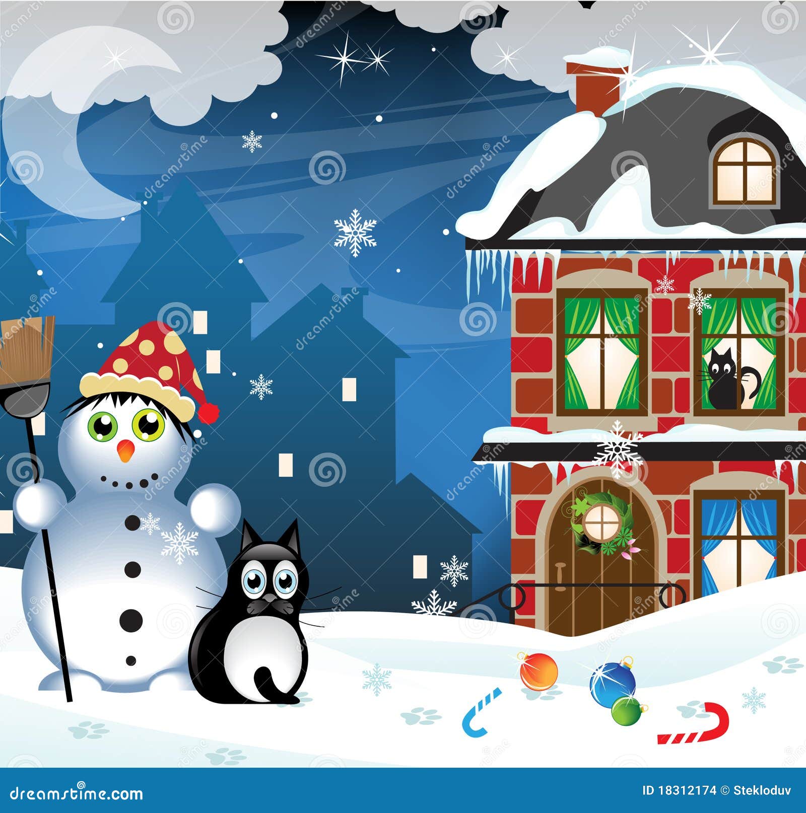 Snowman and a homeless cat stock vector. Illustration of cleaner - 18312174