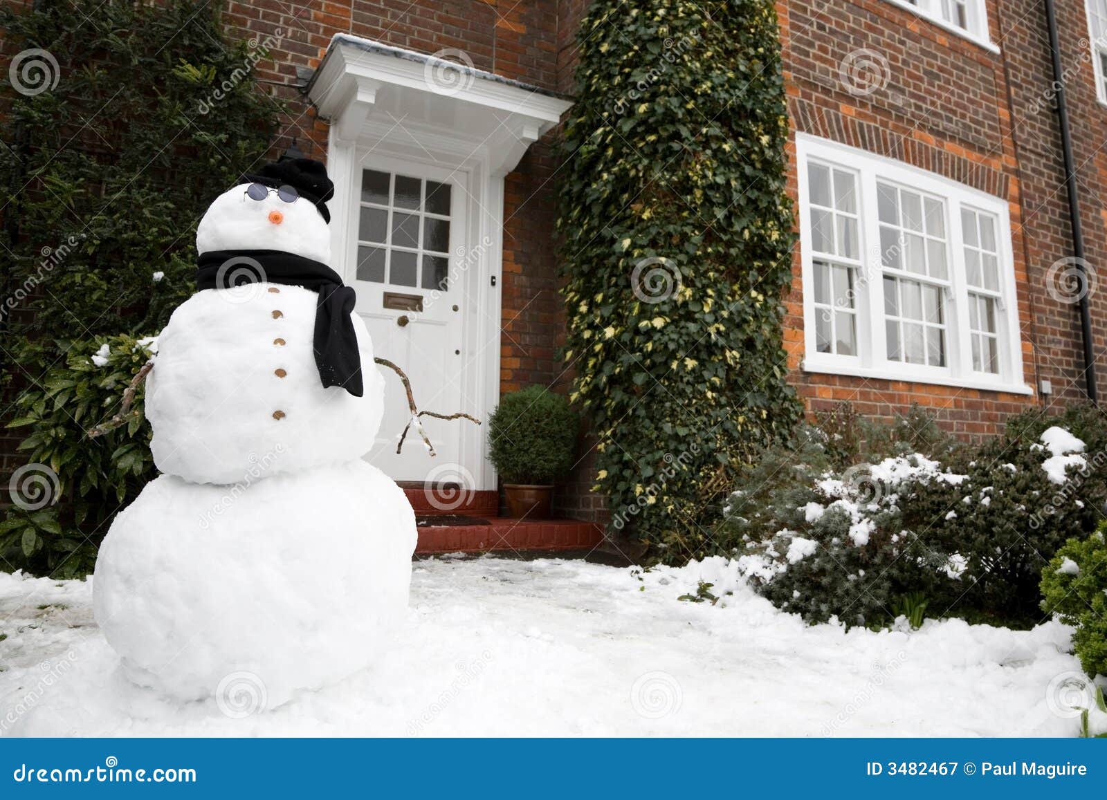 Snowman and house stock image. Image of black, facade - 3482467