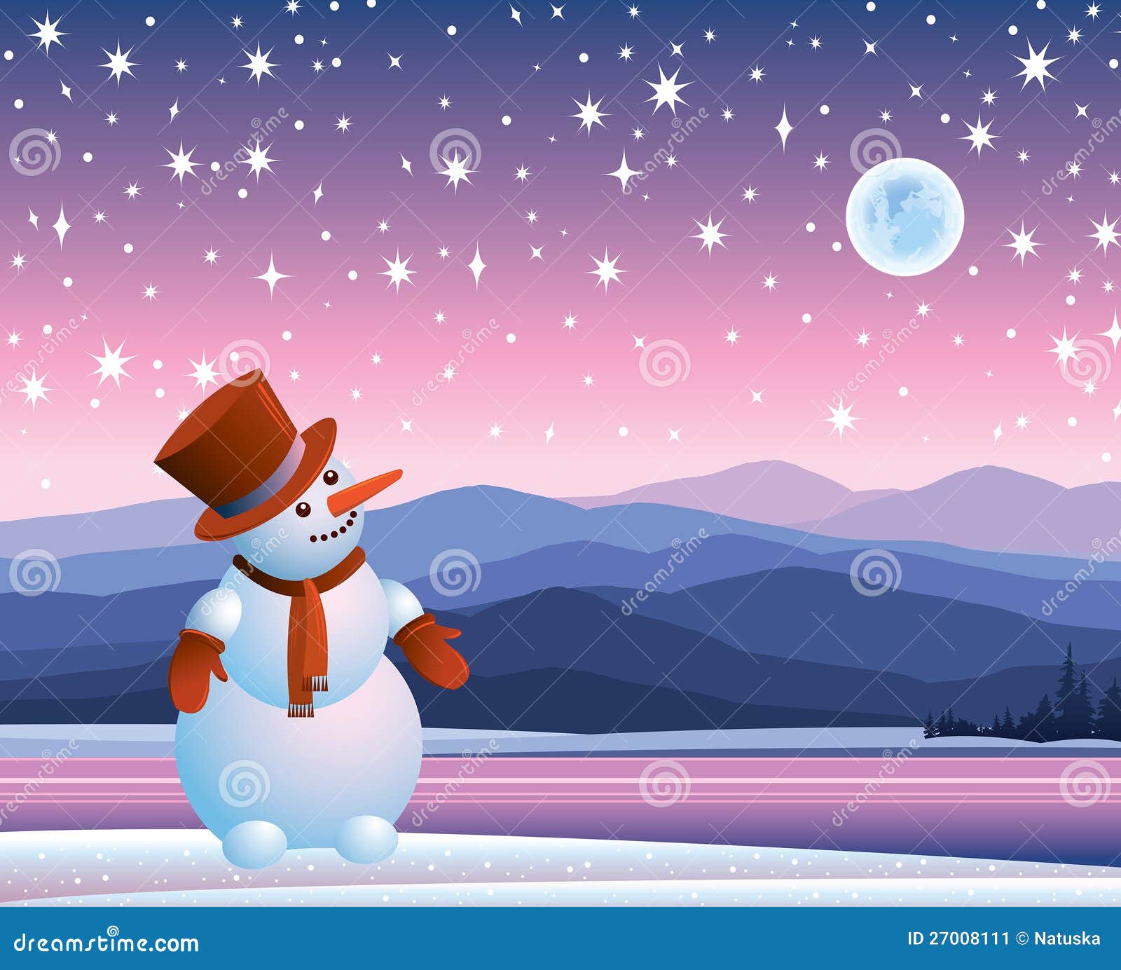 Snowman Looking at the Moon Stock Illustration - Illustration of ...
