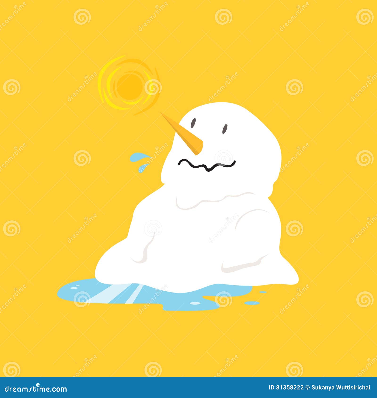 Snowman Melting on Yellow Background. Stock Vector - Illustration of ...