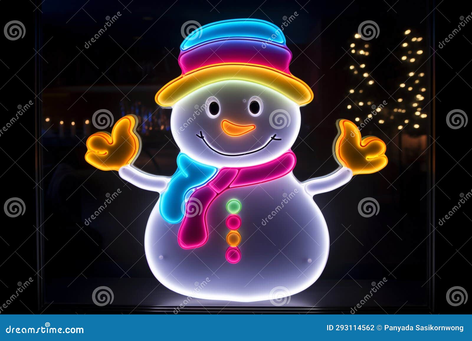 Snowman Neon Light, Colorful Decoration, in Front of Cafe, Ai Generated ...