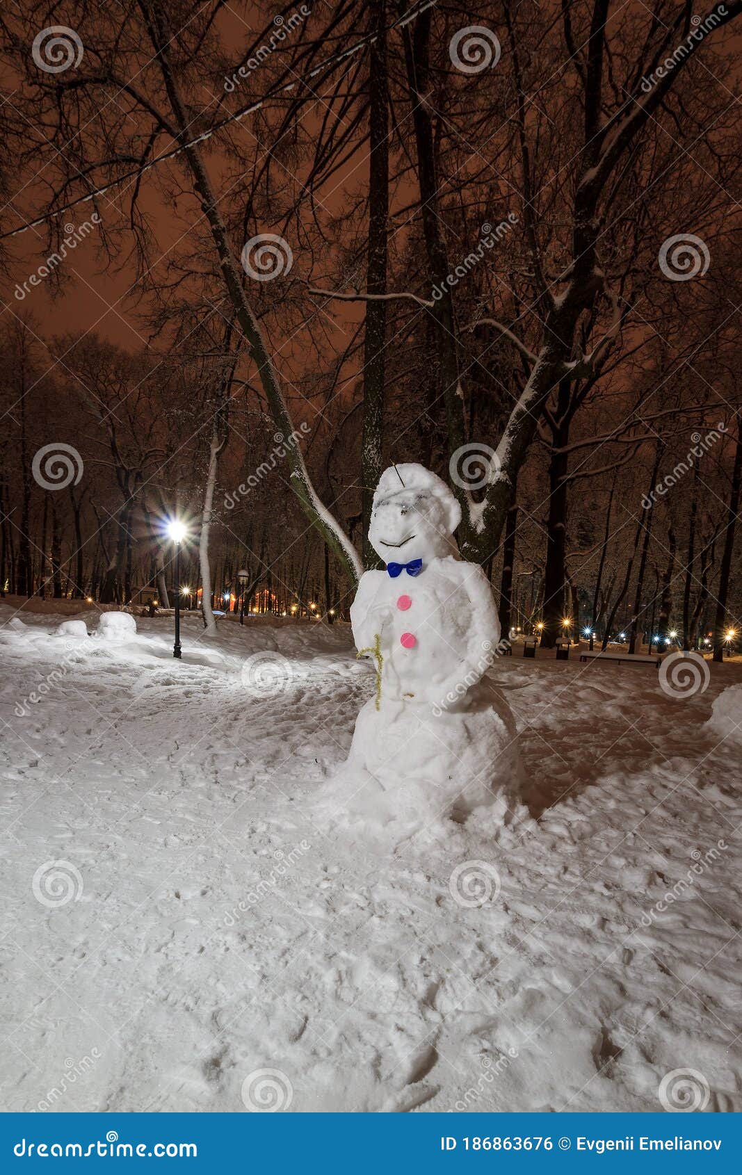 Snowman at night park stock photo. Image of snowman - 186863676