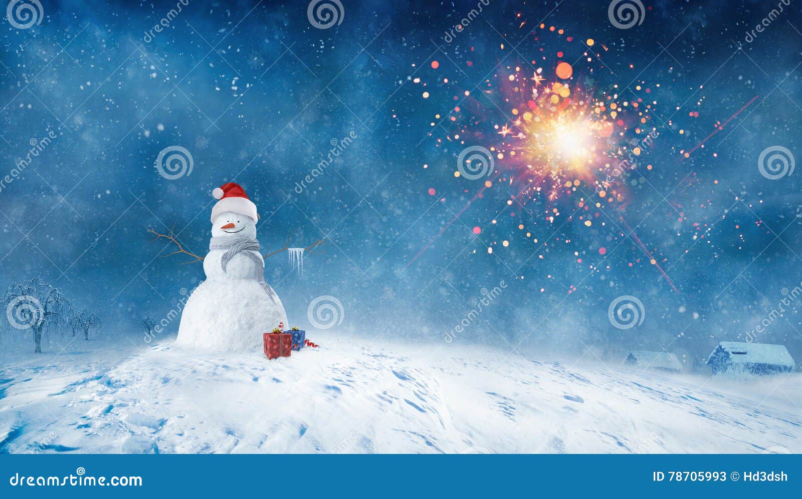Snowman with Presents at Winter Night Stock Illustration - Illustration ...