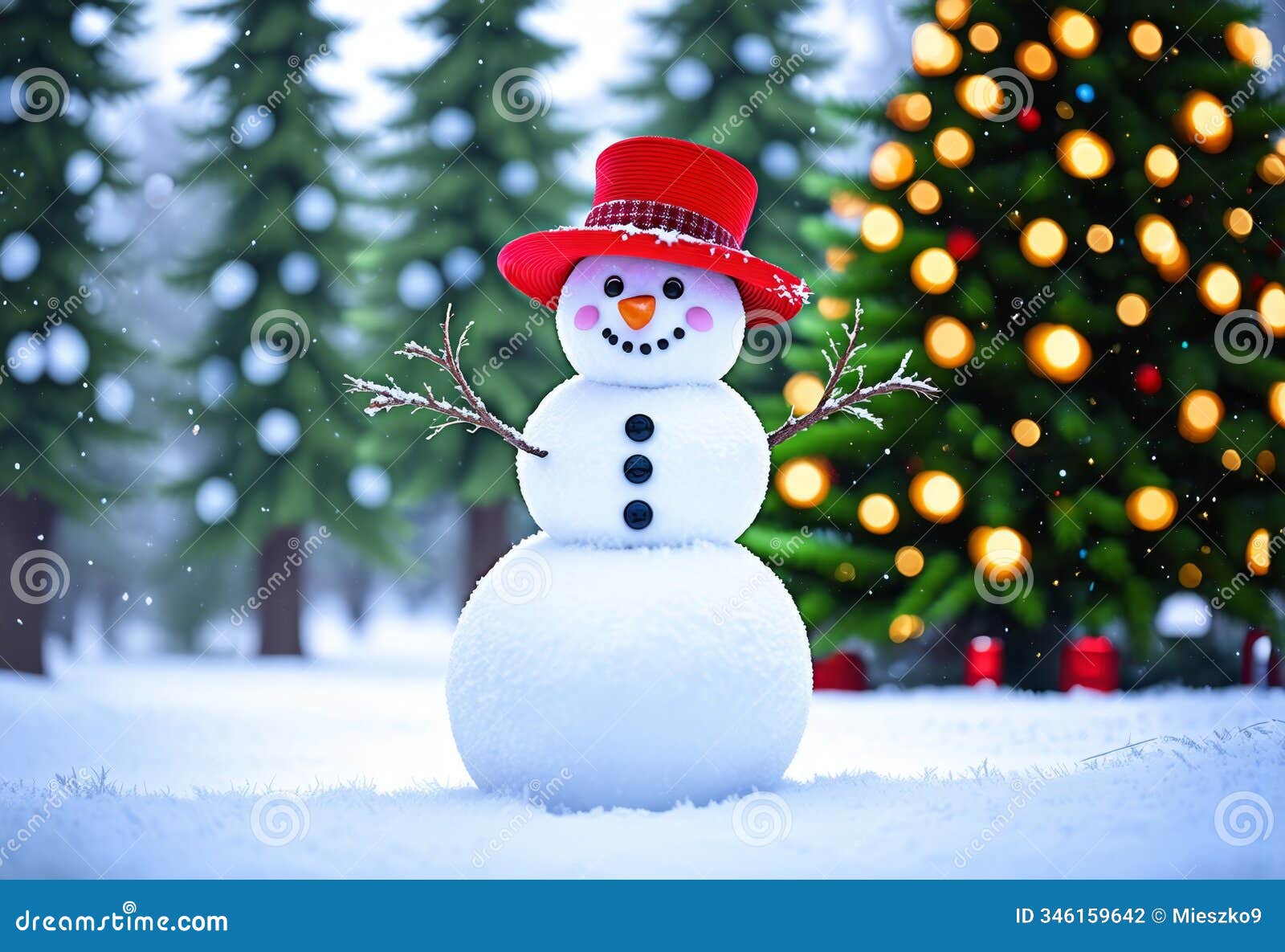 Snowman in Red Hat and Scarf on Background of Christmas Tree and Bokeh ...