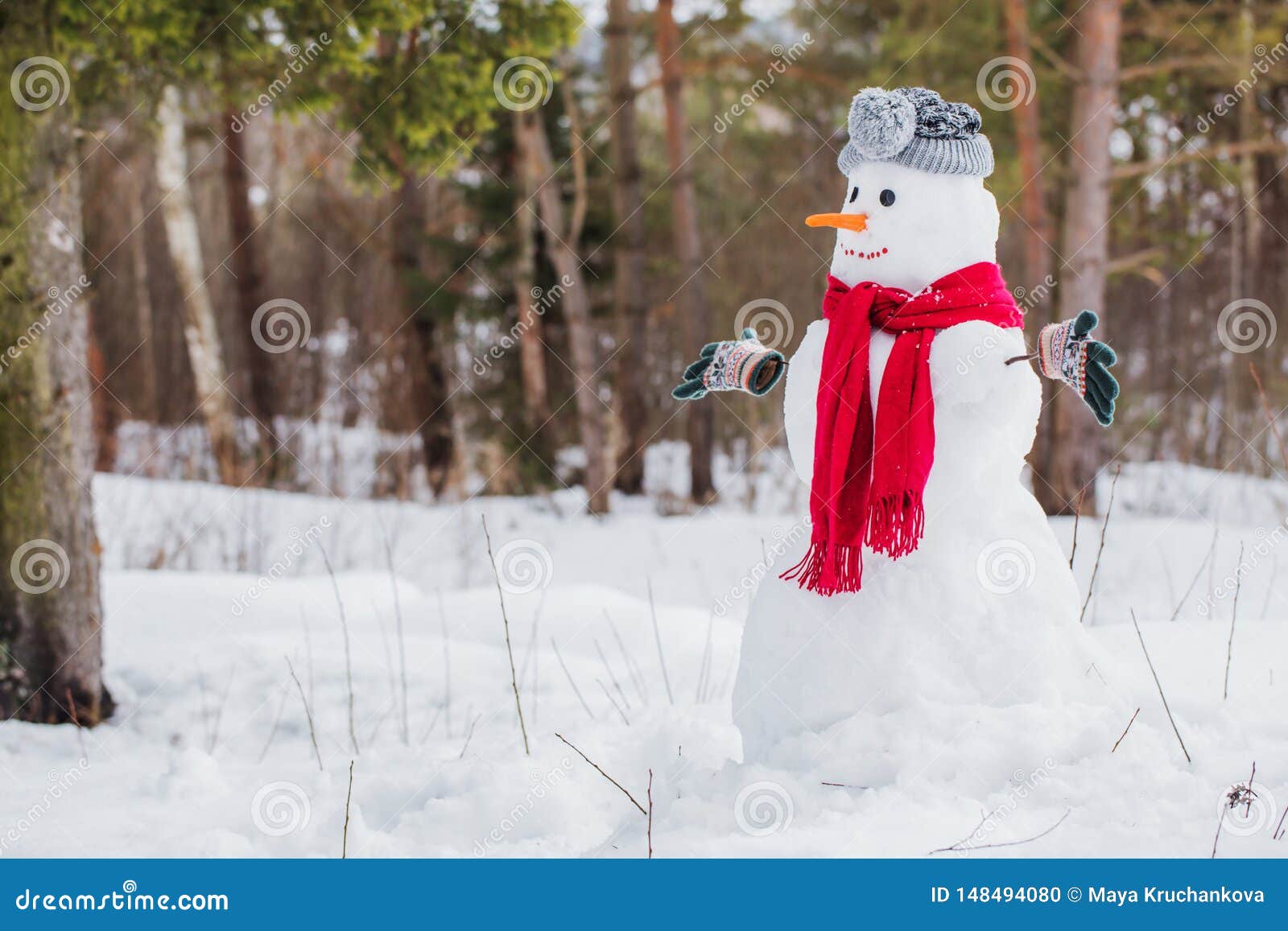 Snowman in Red Scarf in Forest Stock Photo - Image of closeup, greeting ...