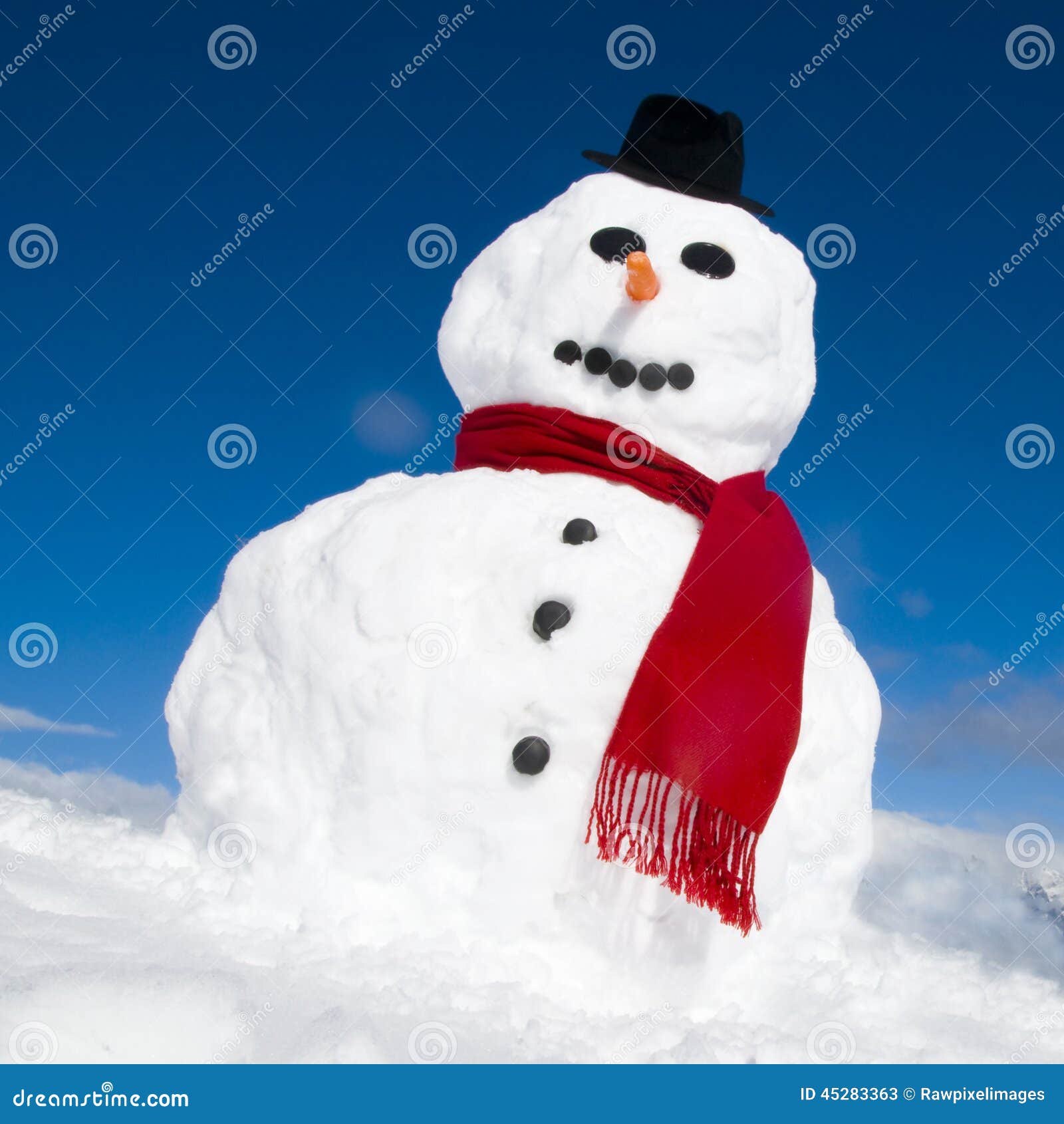 Snowman with a Red Scarf on the Hill Stock Image - Image of black ...