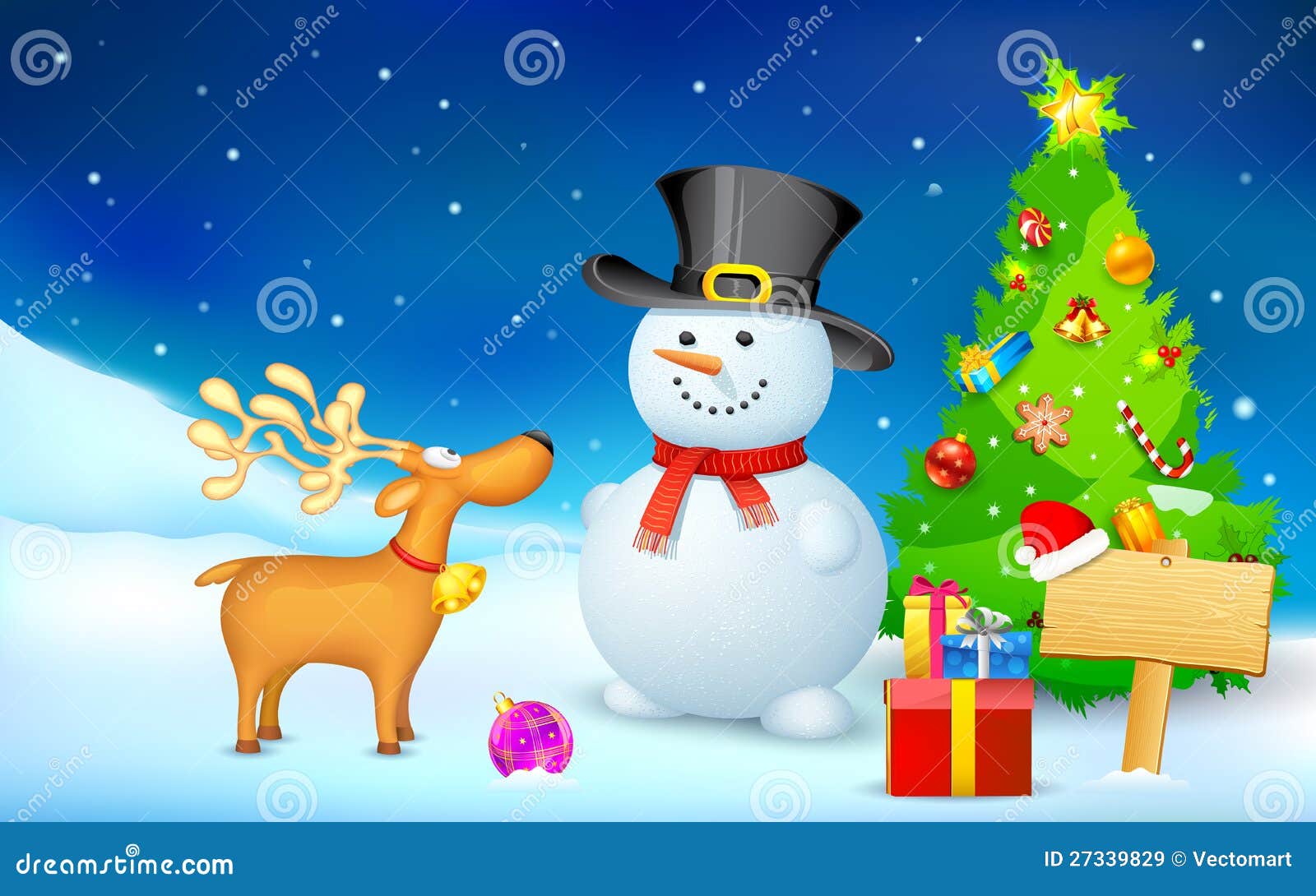 Snowman and Reindeer in Christmas Night Stock Vector - Illustration of ...