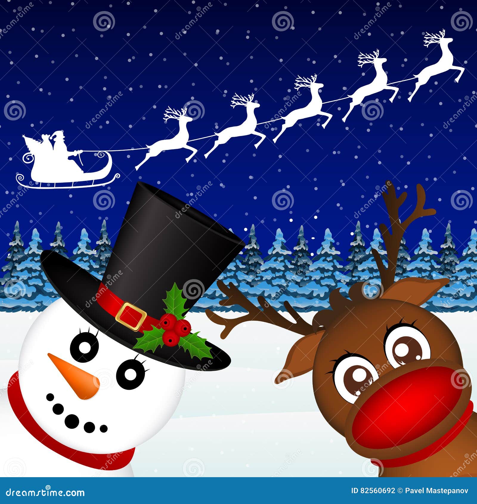 Snowman and Reindeer Looking in the Woods Stock Vector - Illustration ...