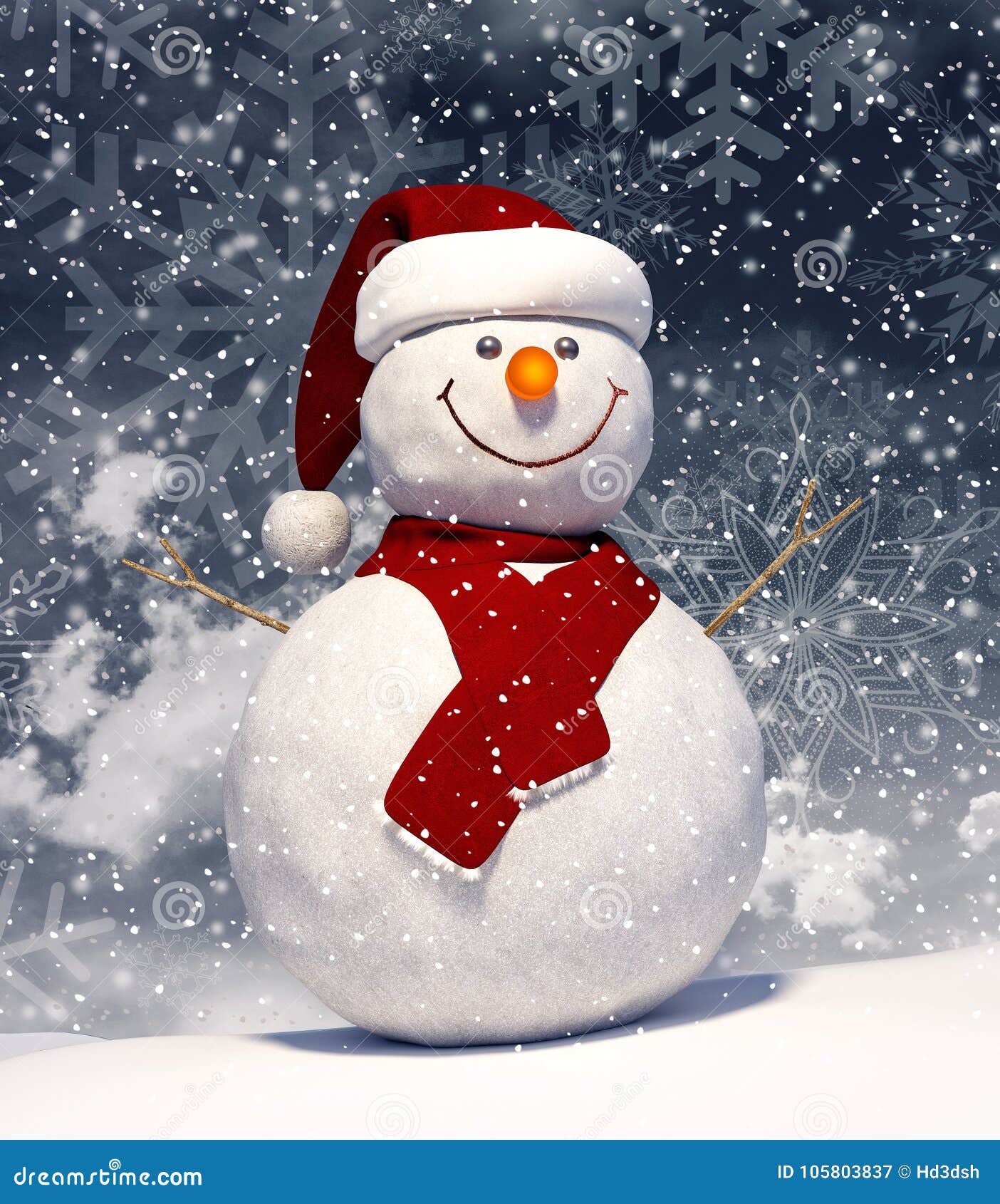 Snowman with Santa`s Hat and Red Scarf Stock Illustration ...