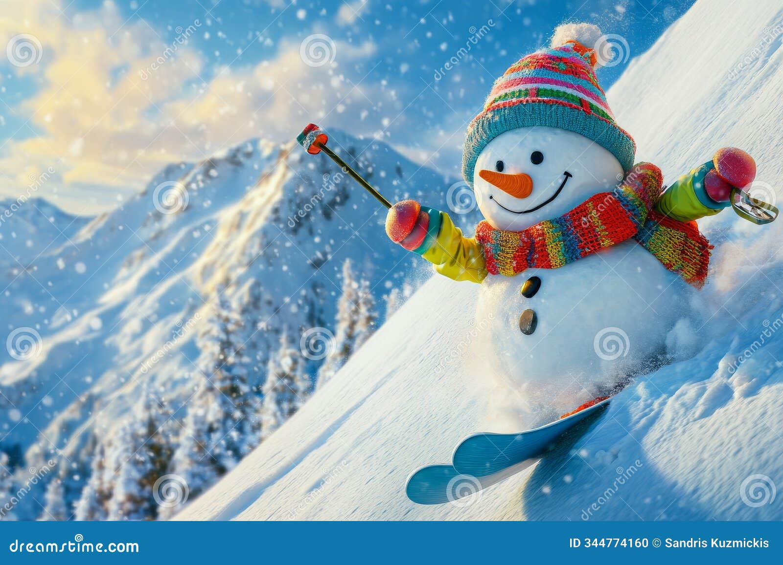 Snowman Skiing Down a Snowy Mountain Slope. Generative AI. Stock Photo ...
