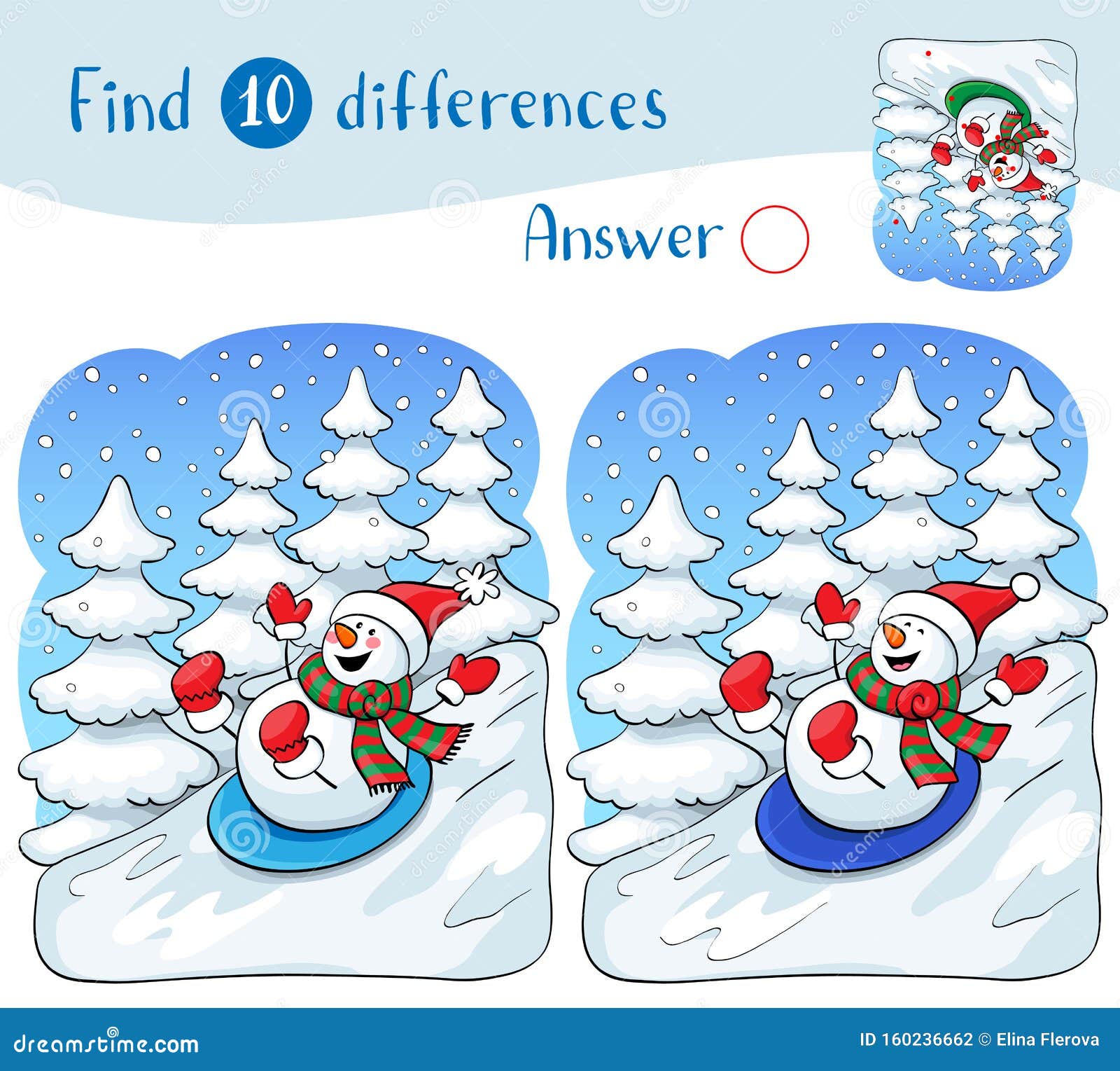 Snowman On Sled With Christmas Ts Find 10 Differences Stock Vector