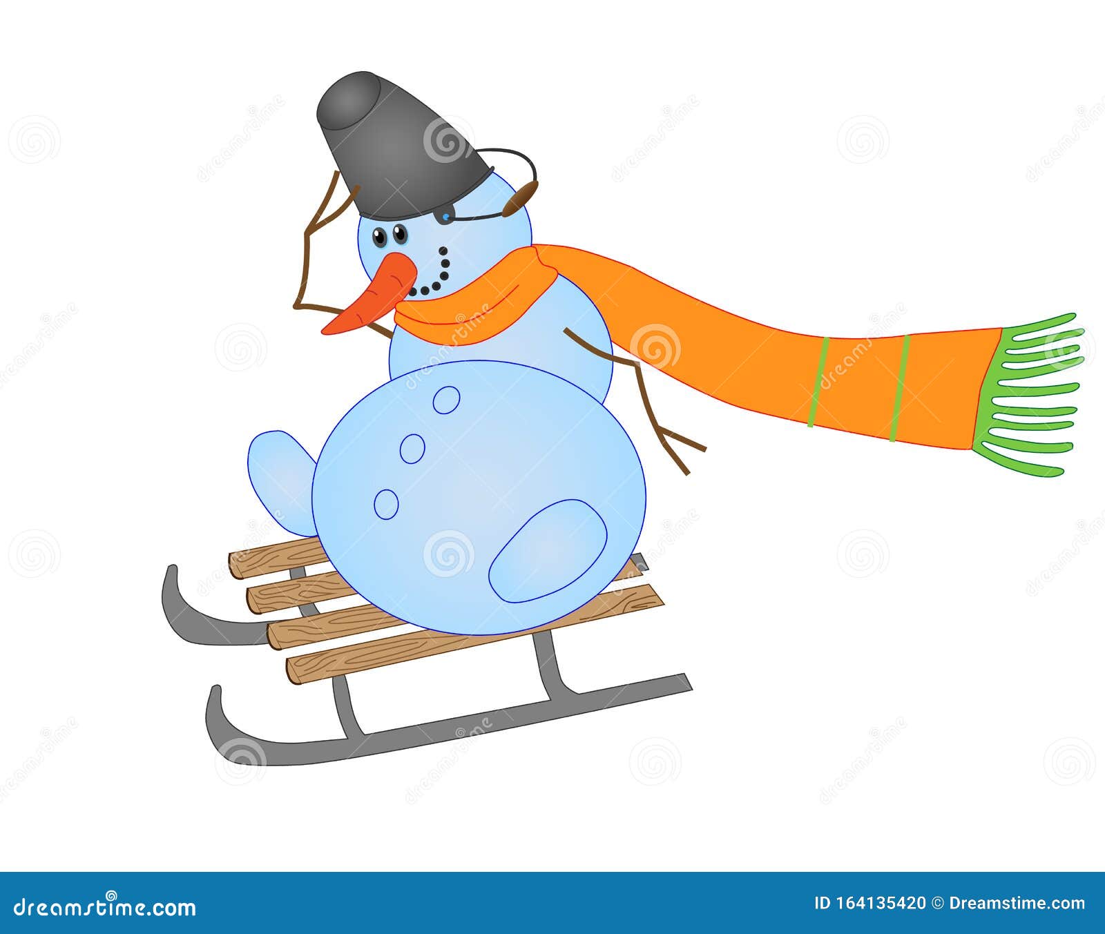 Snowman in a Scarf Rides on a Sled Stock Vector - Illustration of cold ...