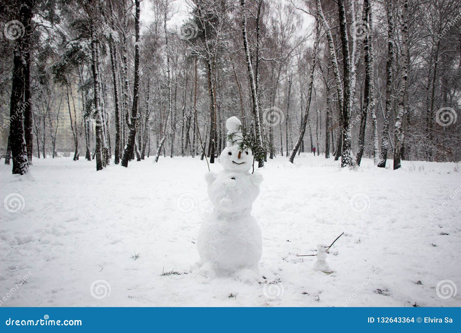 Snowman in snowy park stock photo. Image of happiness - 132643364